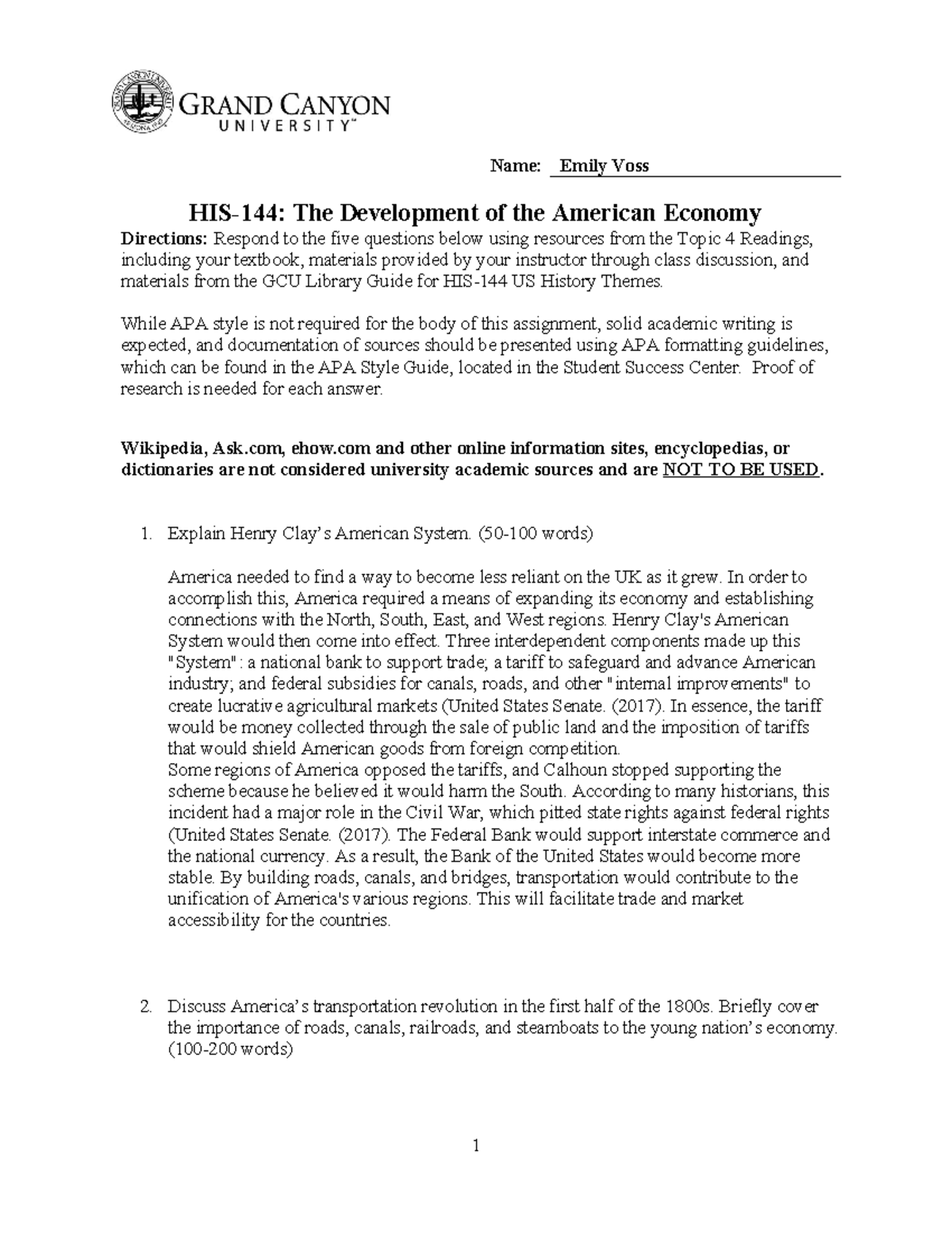 HIS-144-RS-Development of the American Economy Worksheet - Name: Emily ...