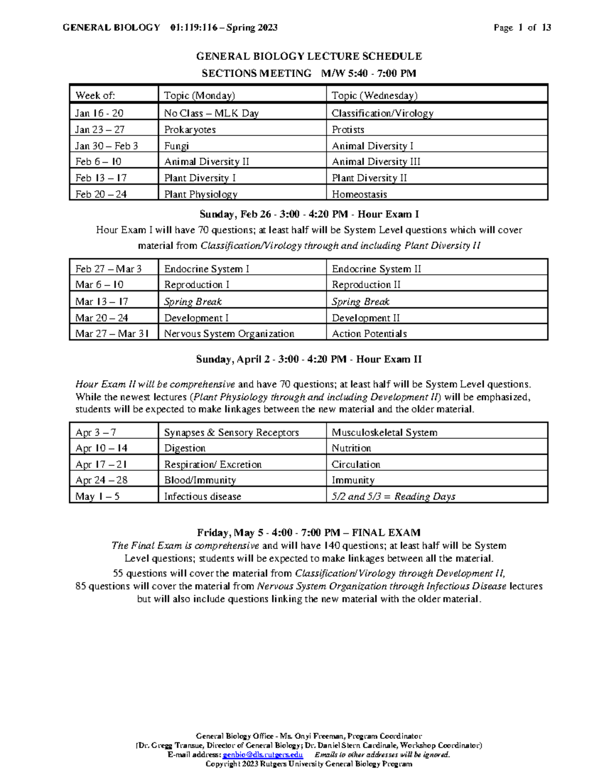 GB 116 General Biology Syllabus & Lecture Schedule Spring 2023 - Studocu
