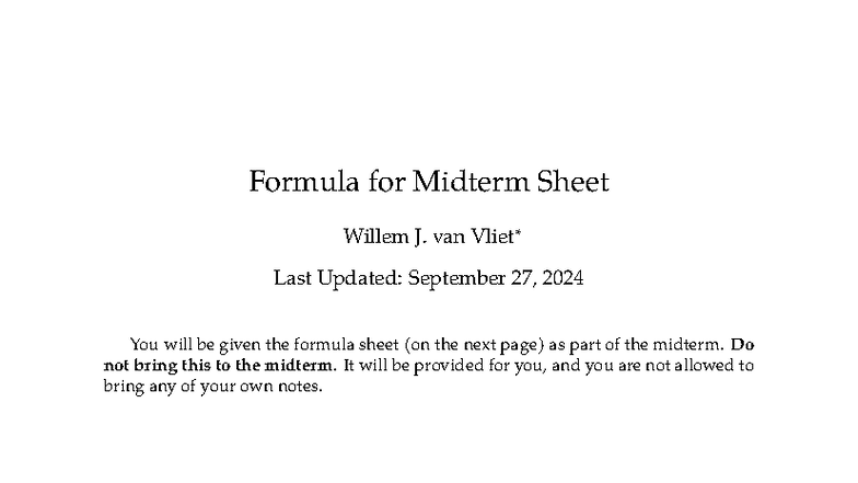 FINC 101 Midterm Formula Sheet - Essential Study Guide - Studocu