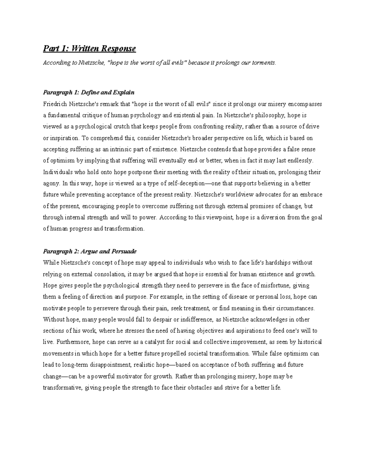 Major Written Work: Nietzsche's Critique of Hope in Human Existence ...