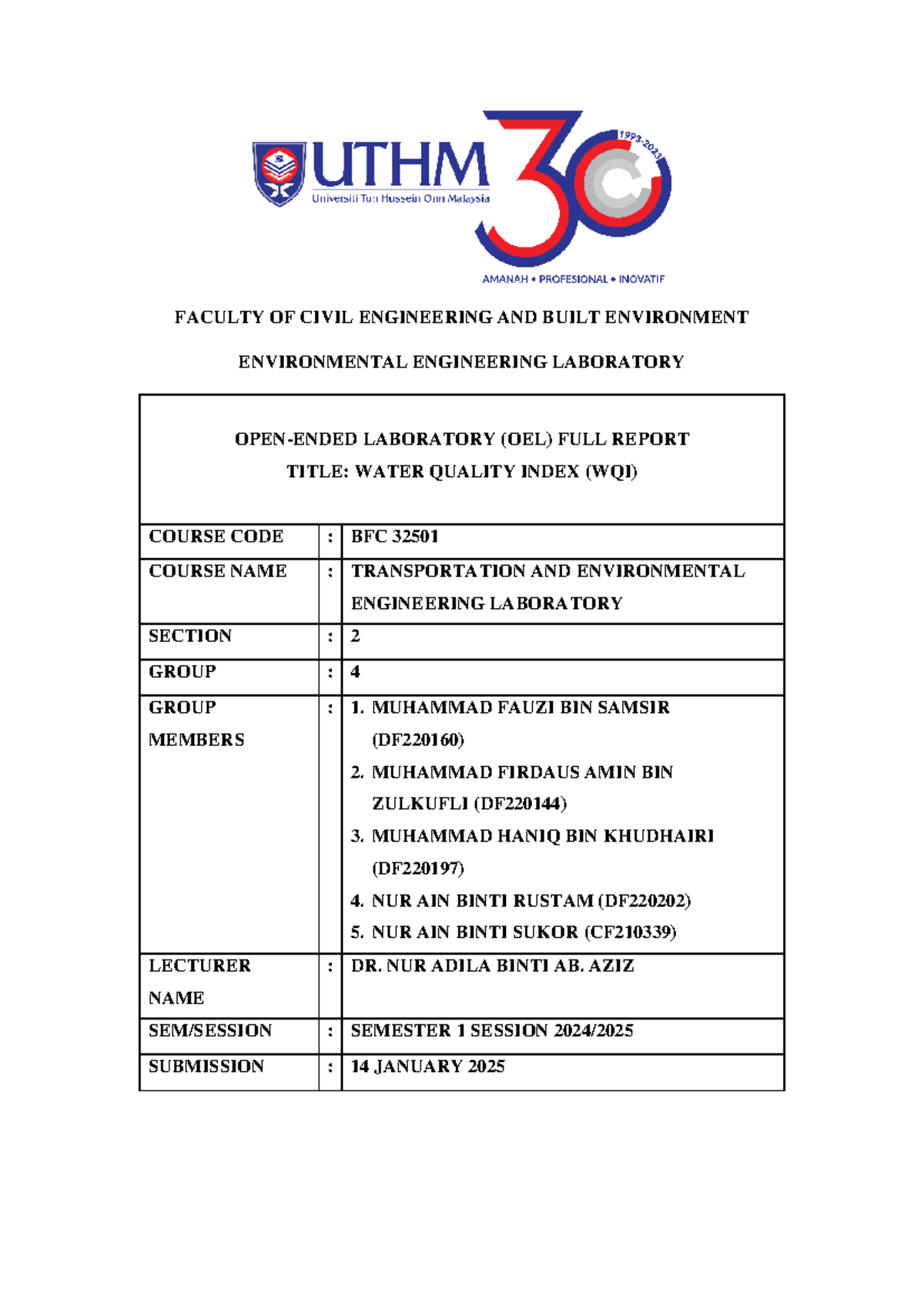 BFC 32501 - OEL Full Report: Water Quality Index Analysis - Group 4 ...
