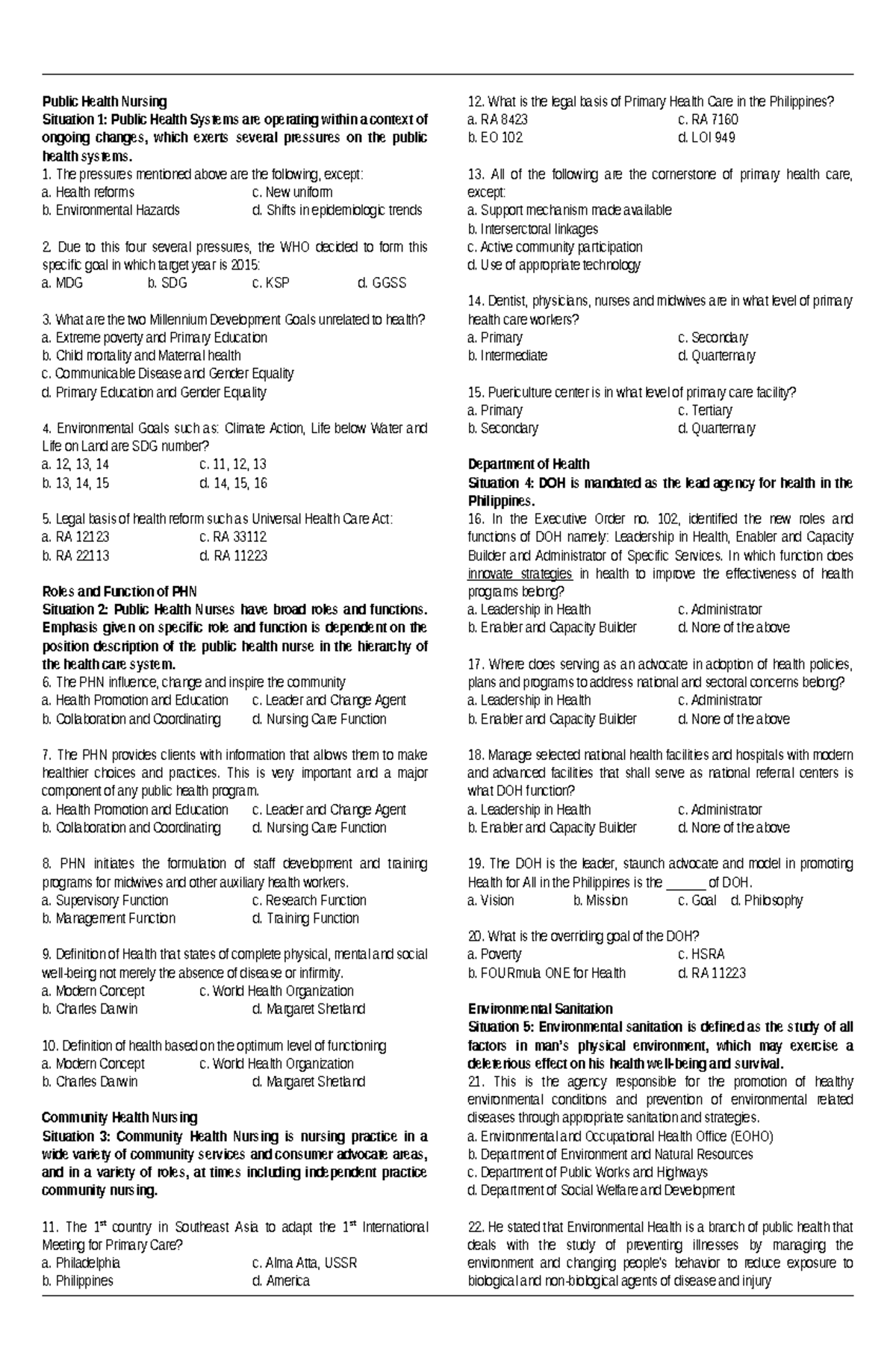 Public Health Nursing Quiz: Key Concepts and Legal Frameworks - Studocu