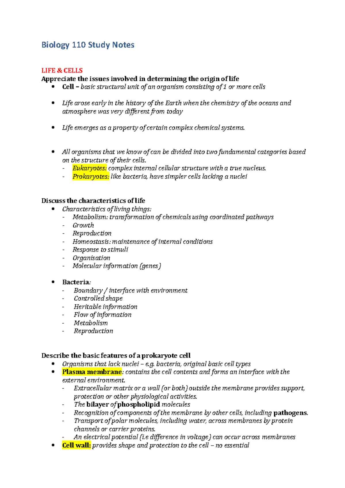 Biology 110 Final Exam Study Notes: Life, Cells, & Genetics - Studocu