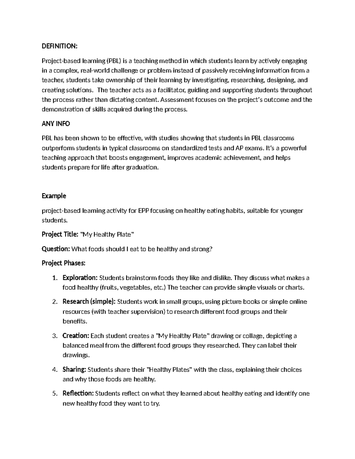 EPP Report: Engaging Students in Healthy Eating through PBL - Studocu