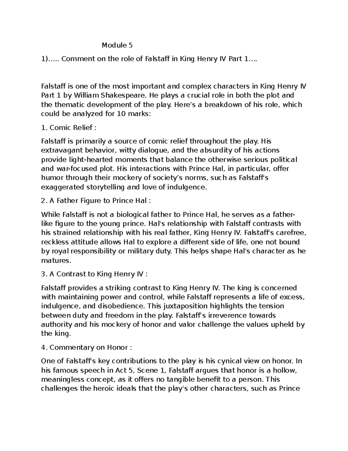 Module 5 - The Role of Falstaff in King Henry IV Part 1 Analysis - Studocu
