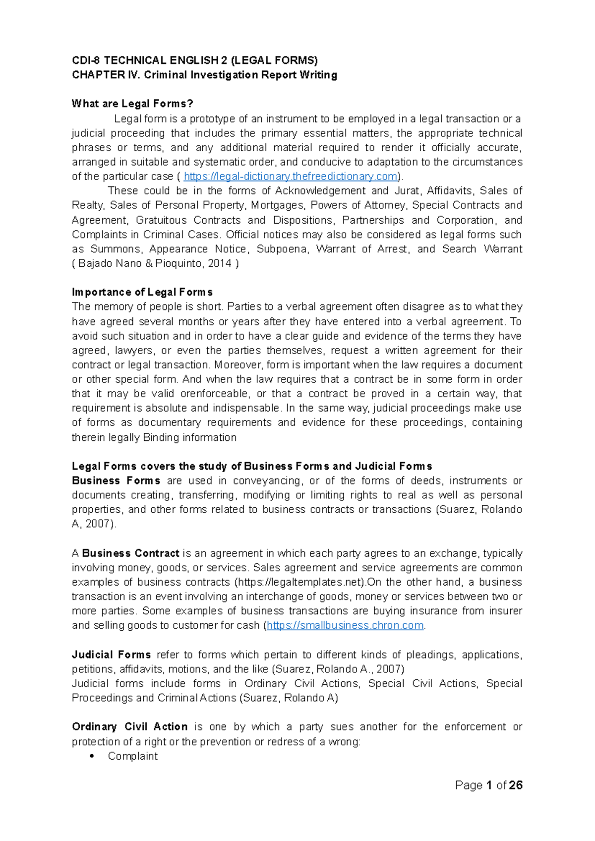 CDI 8 Chapter IV: Legal Forms in Criminal Investigation Reports - Studocu