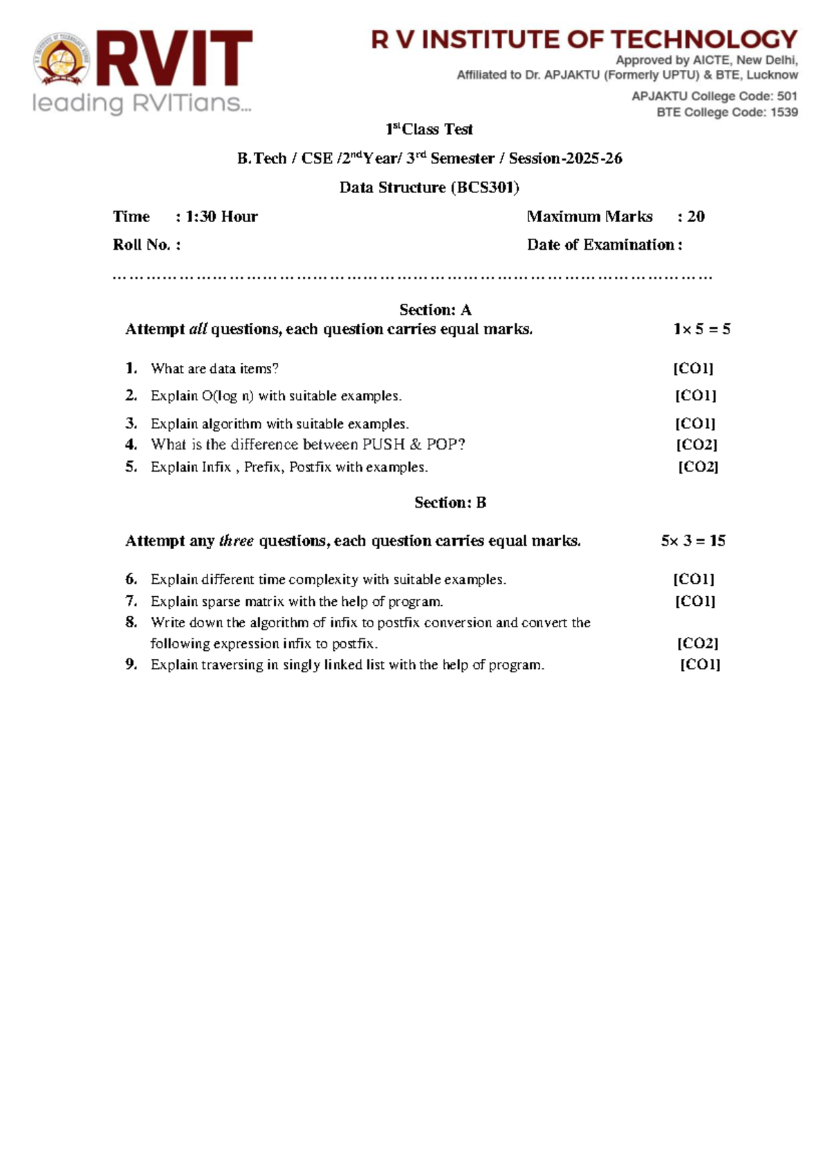 1st Class Test B.Tech CSE 3rd Sem Data Structures (BCS301) - Studocu