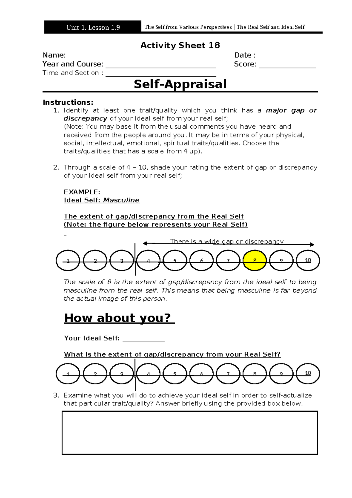 Unit 1: Lesson 1.9 - The Real vs. Ideal Self Activity Sheet - Studocu