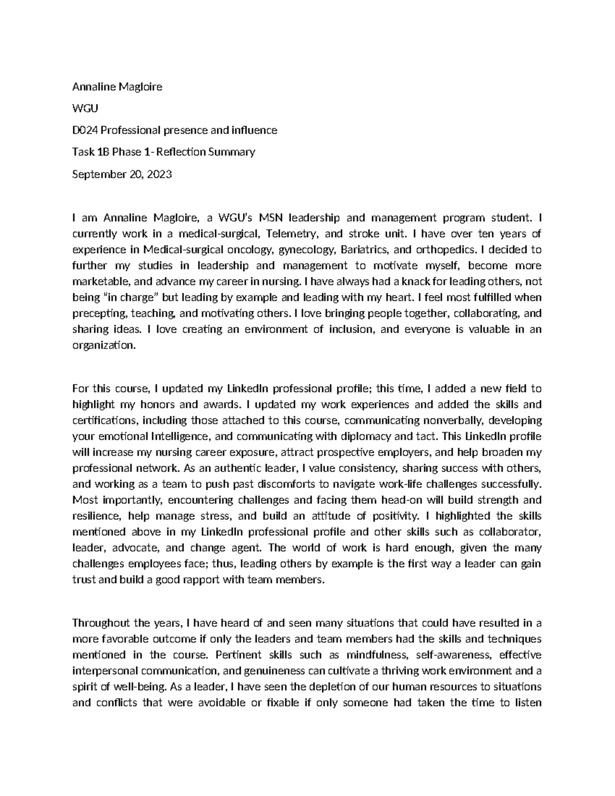 D024 Phase 1 Reflection Summary: Professional Presence in Nursing - Studocu