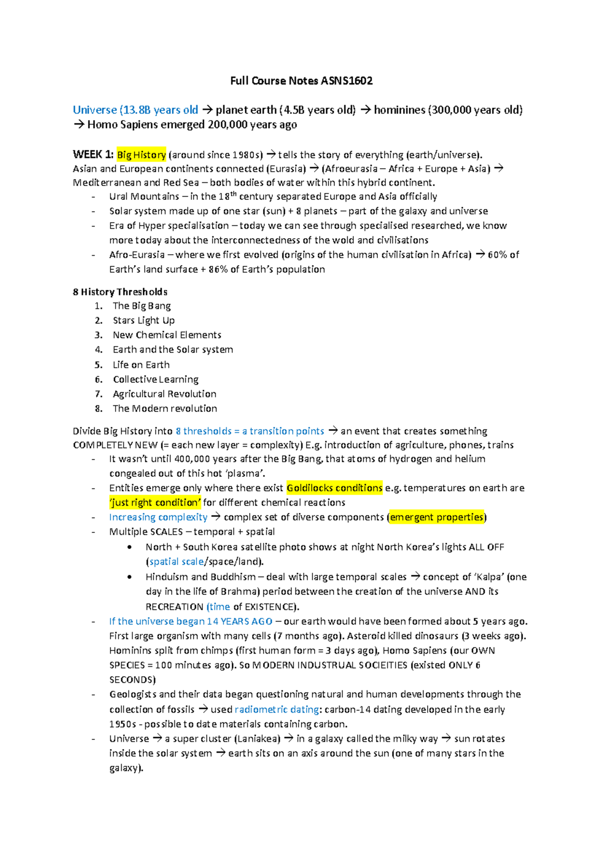 Full Course Notes ASNS1602: Big History and Human Evolution Overview ...