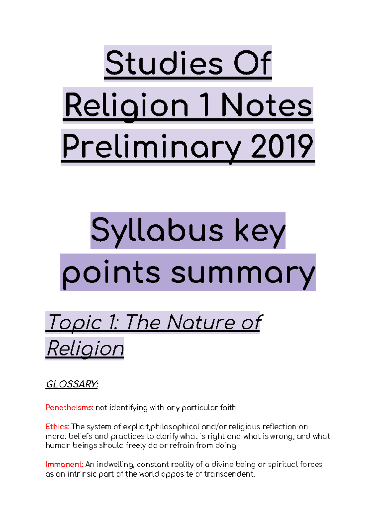 2019 Studies of Religion Preliminary Notes Review and Summary - Studocu