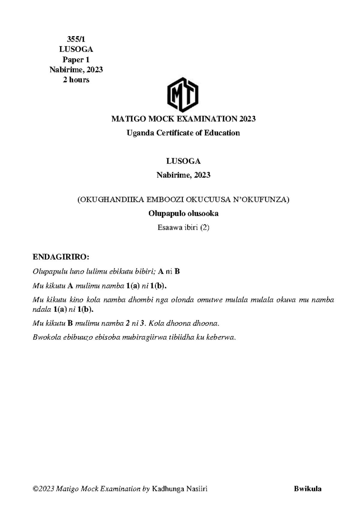 Kamsa joint mock bio1 - past paper - - Studocu