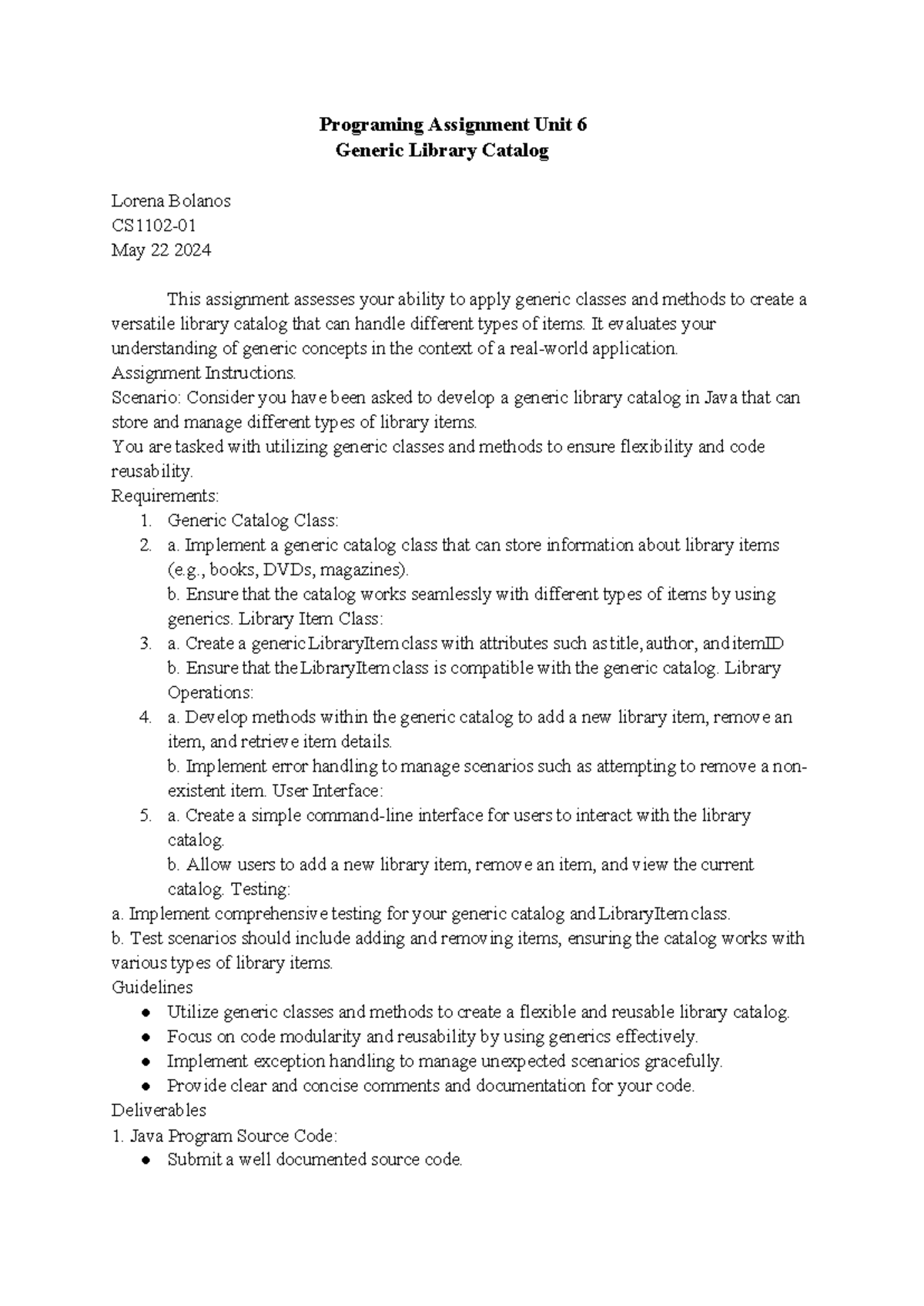 Programming Assignment: Generic Library Catalog CS1103-01 - Studocu