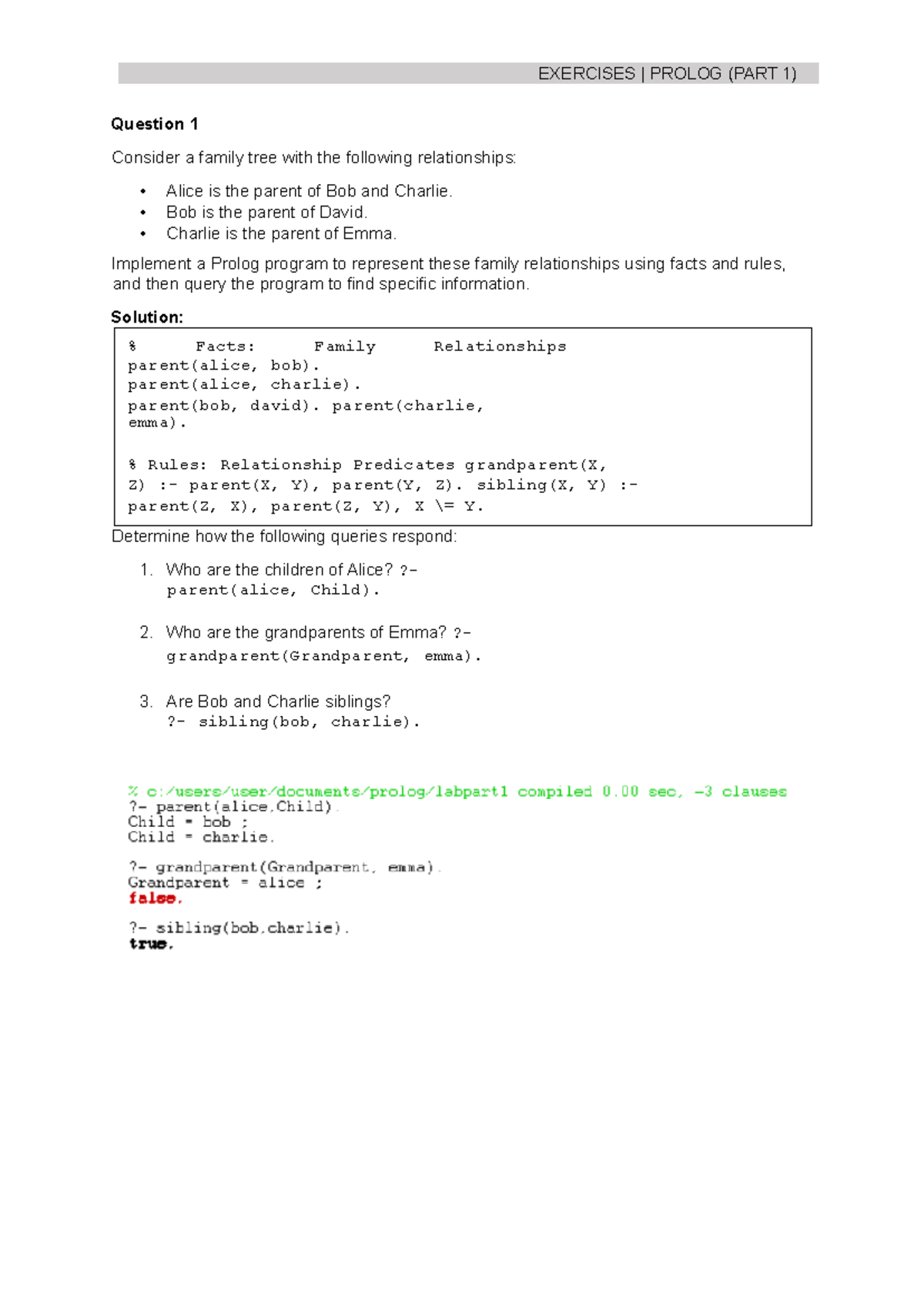 Lab Part 1: Prolog Family Tree & Exam Scores Exercises - Studocu