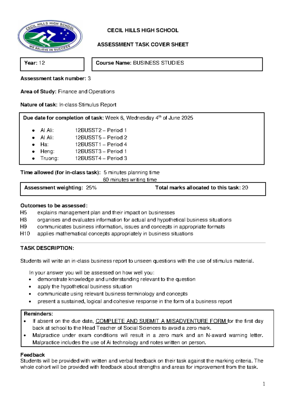 HSC Business Studies Task 3: Finance & Operations Stimulus Report 2025 ...
