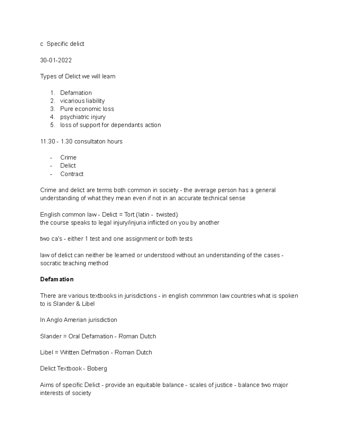 Specific Delict Class Notes - 9: Understanding Defamation and Liability ...