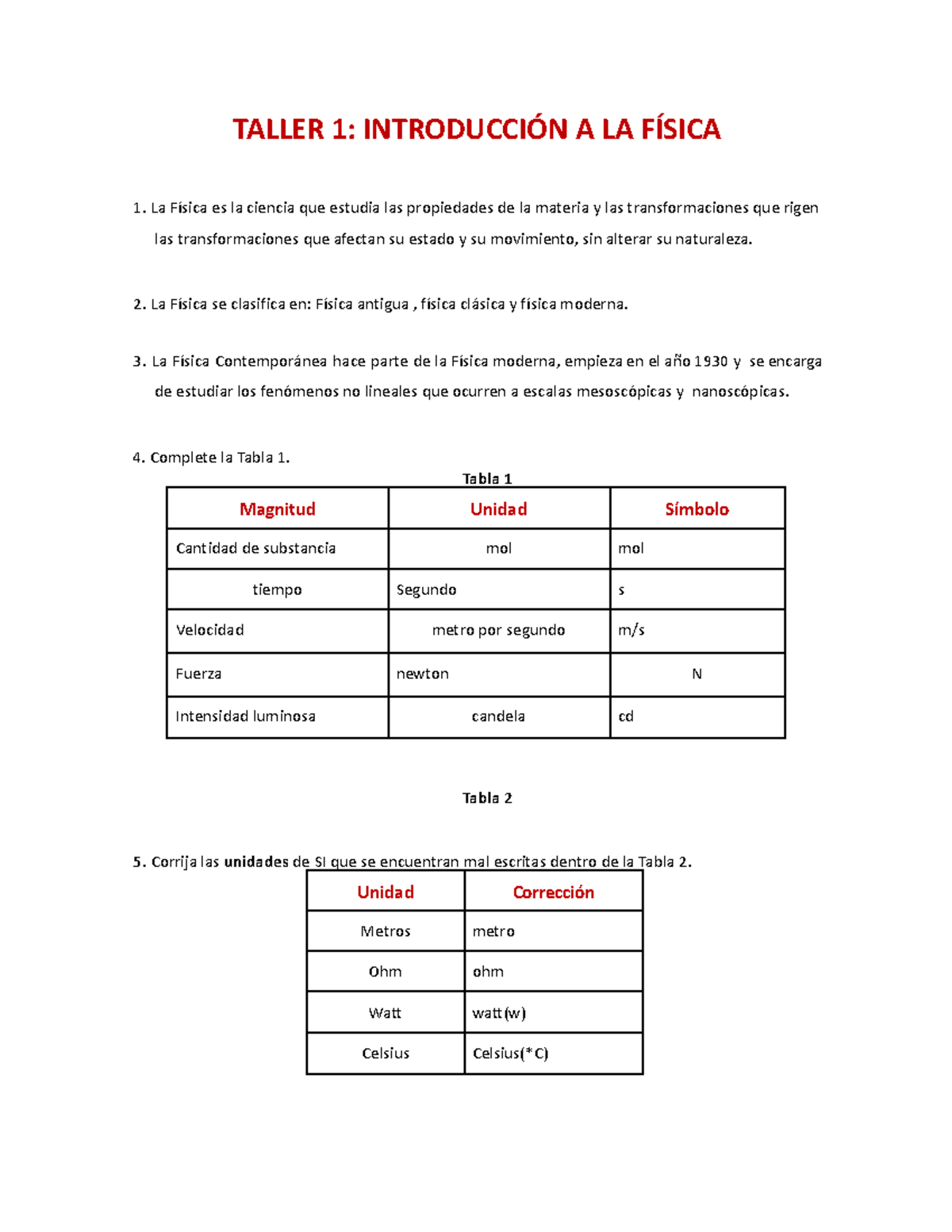 Taller 1 - Introducción a la Física - TALLER 1: INTRODUCCIÓN A LA ...