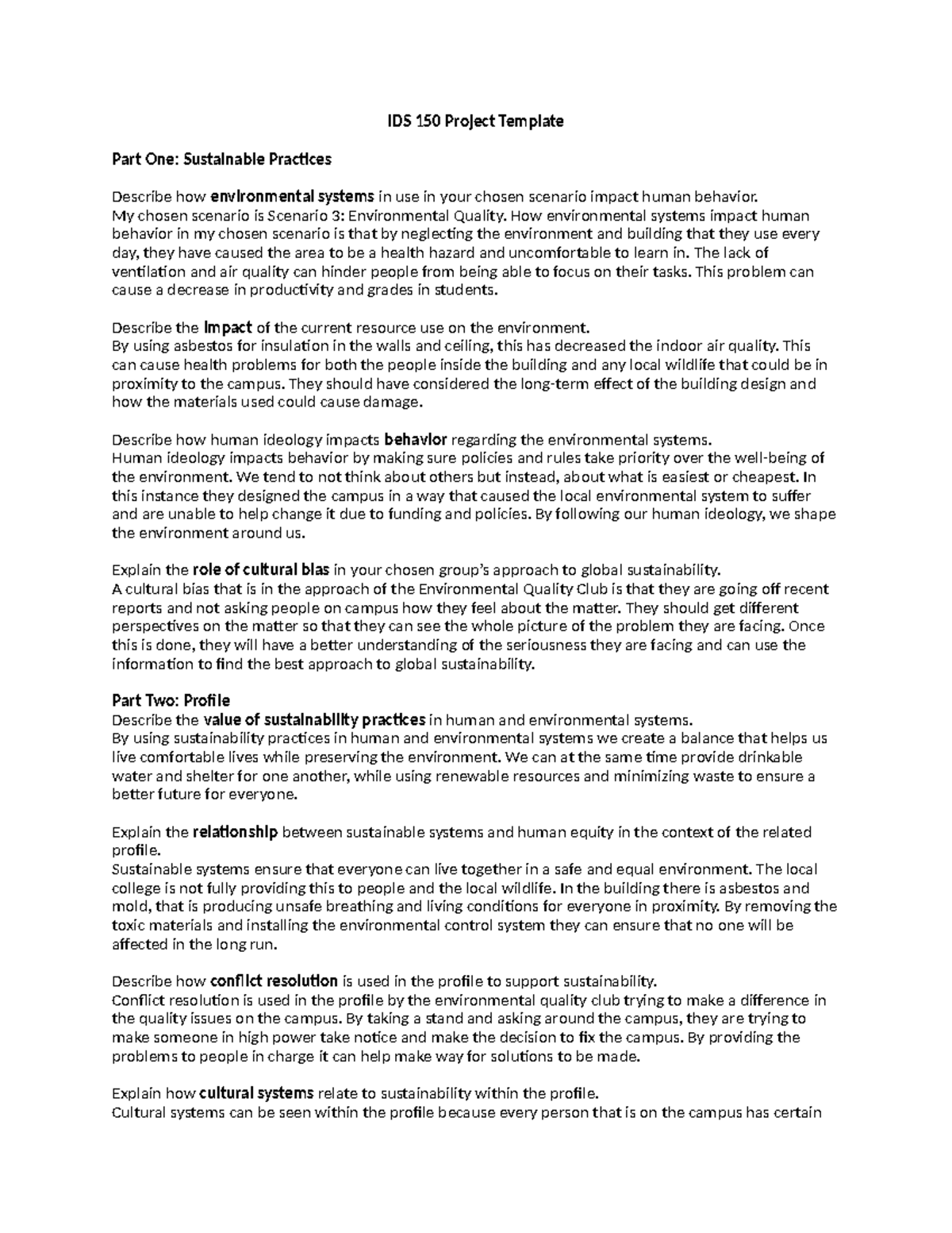 IDS 150 Project final - IDS 150 Project Template Part One: Sustainable ...