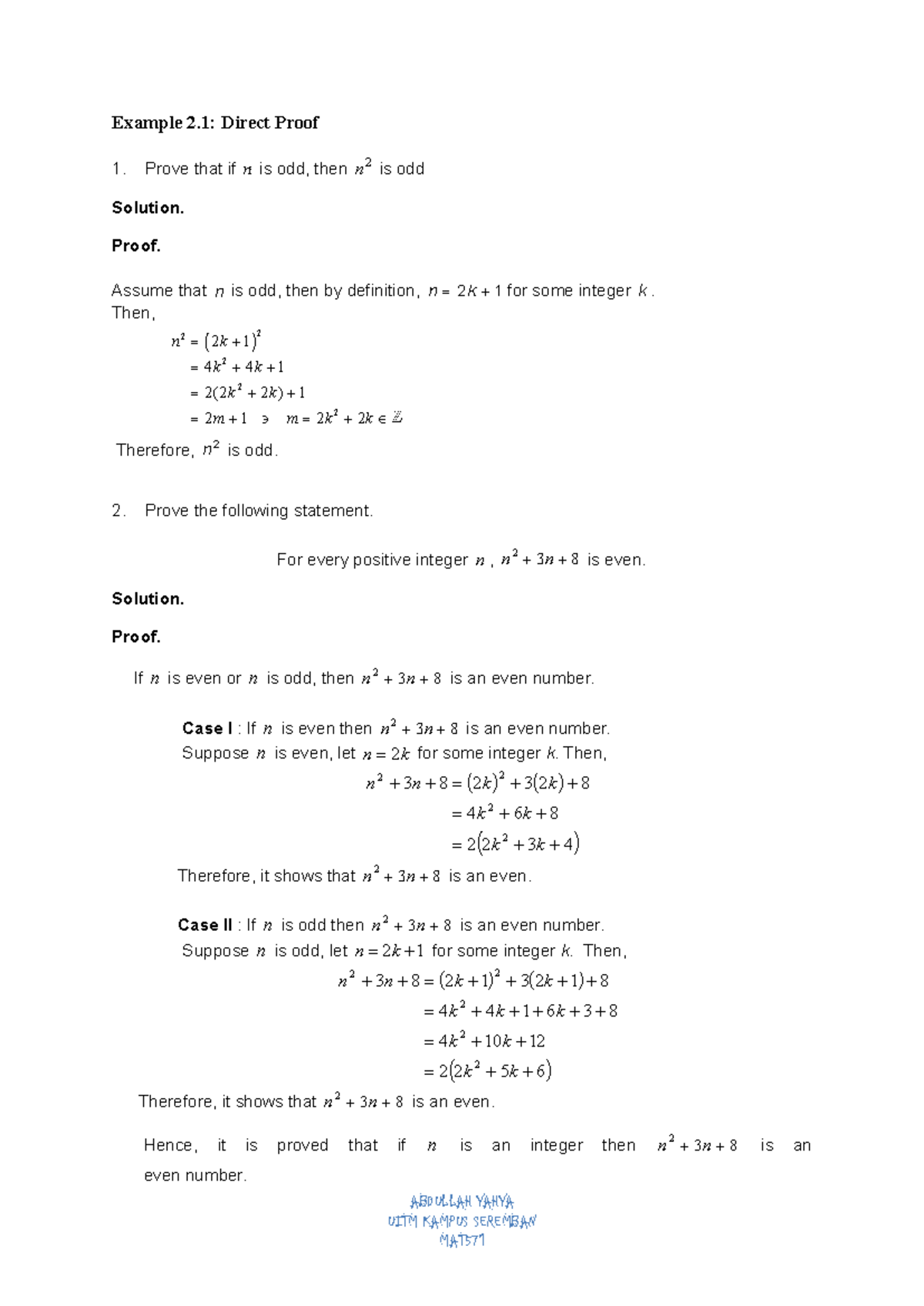 Tutorial 2: Direct and Indirect Proofs in MAT571 - Studocu