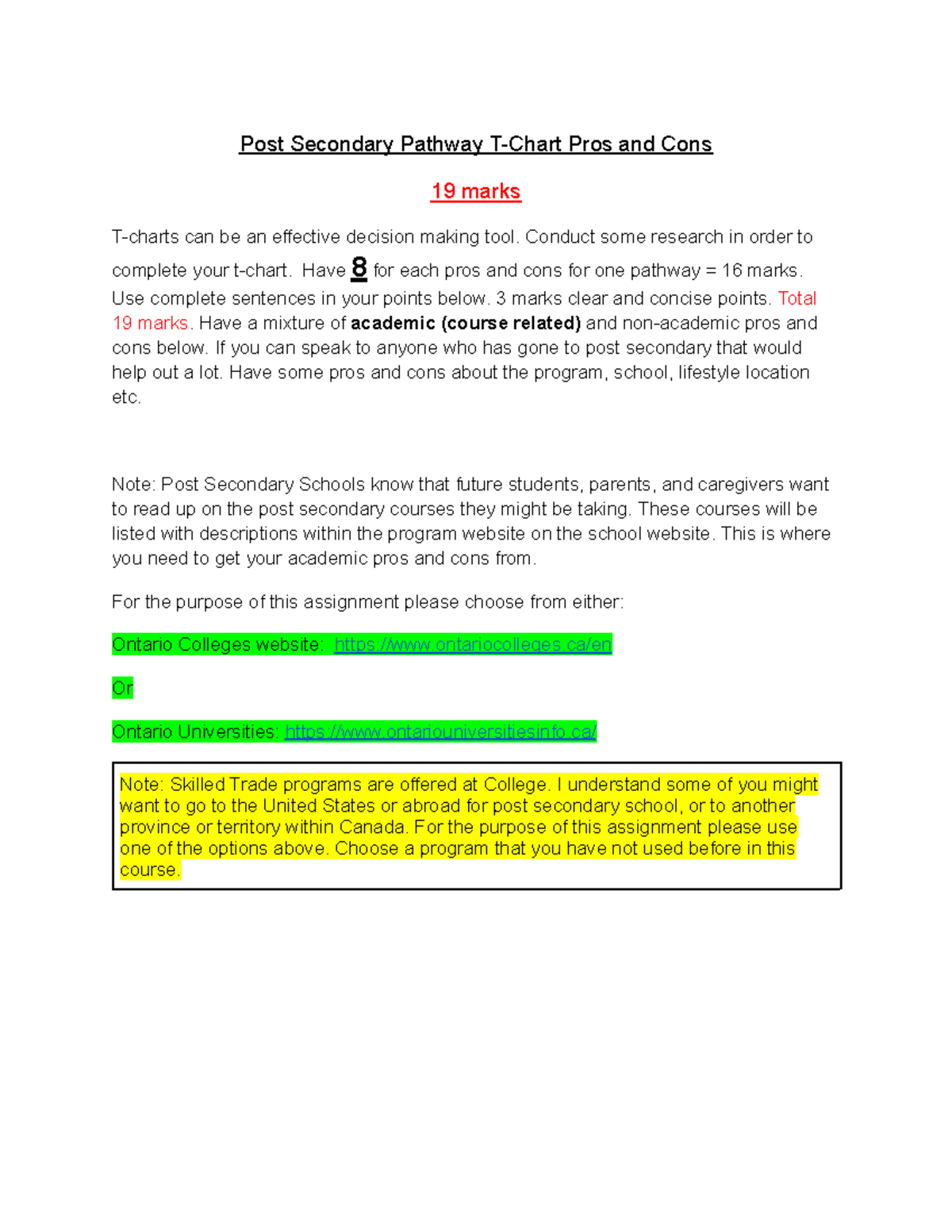 GLC2O1 Post Secondary Pathway T-Chart: Pros & Cons Analysis - Studocu