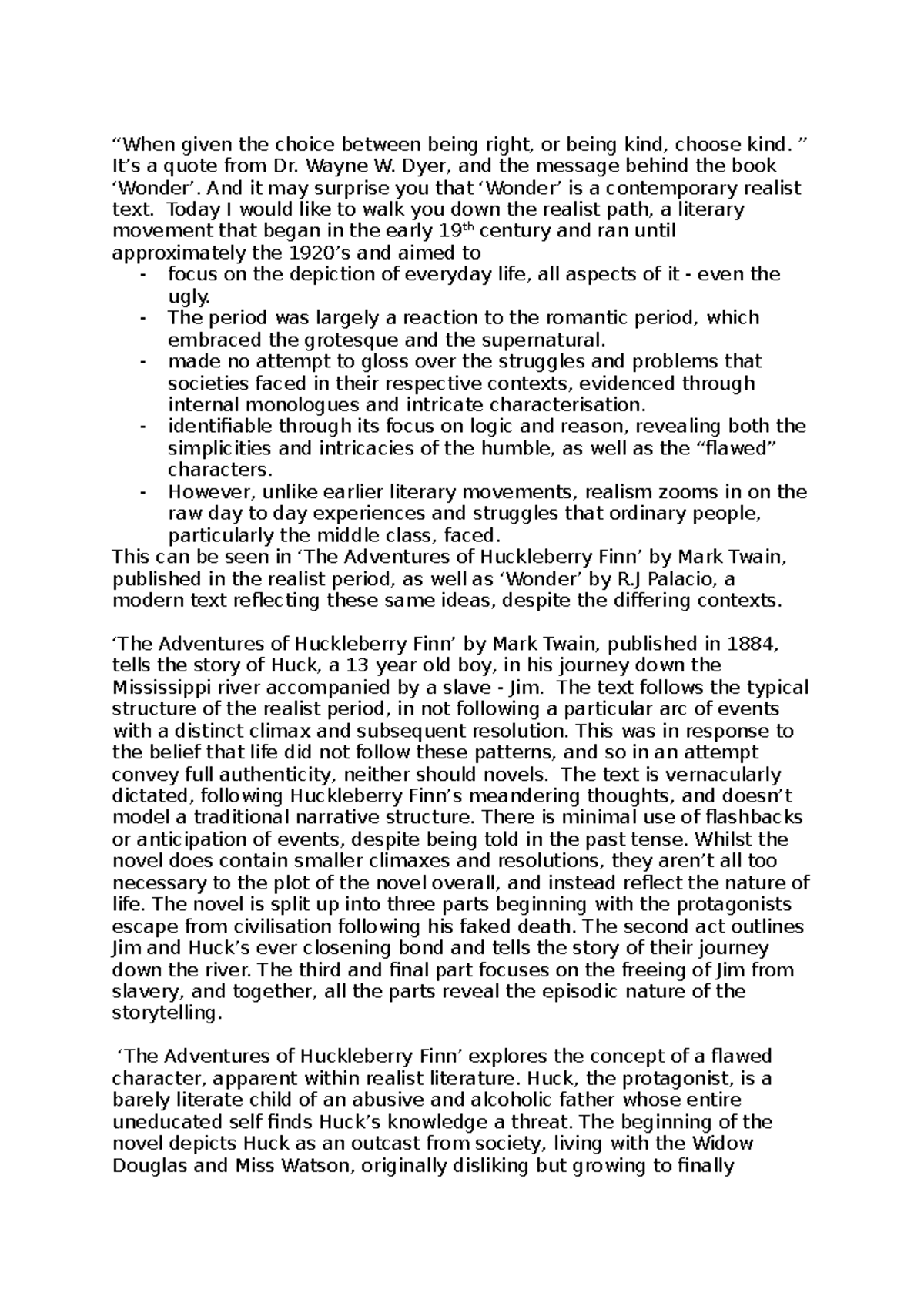 Realism in Literature: Analyzing Twain's Huckleberry Finn & Palacio's ...