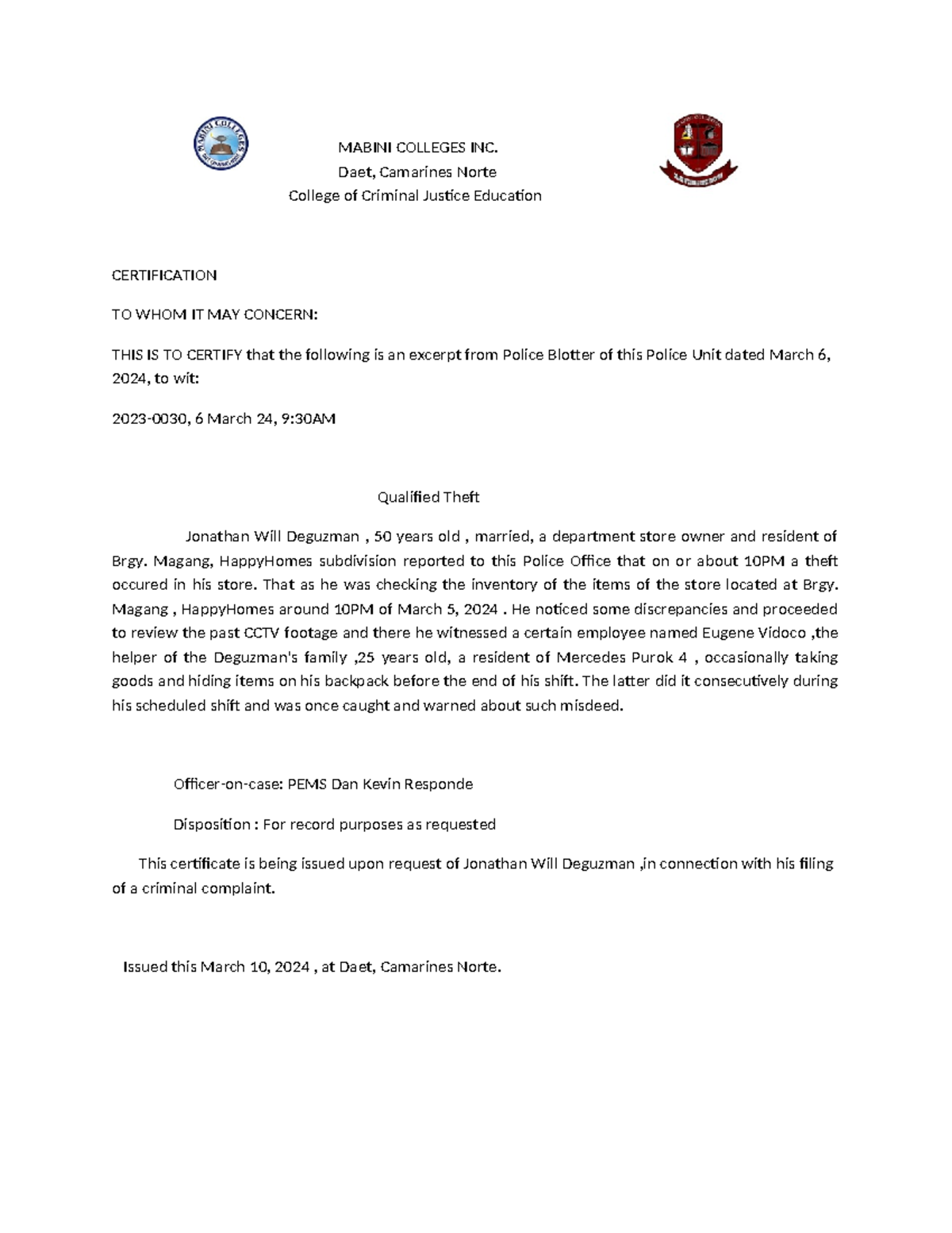 Theft Blotter Certification - Mabini Colleges Inc. 2024 - Studocu