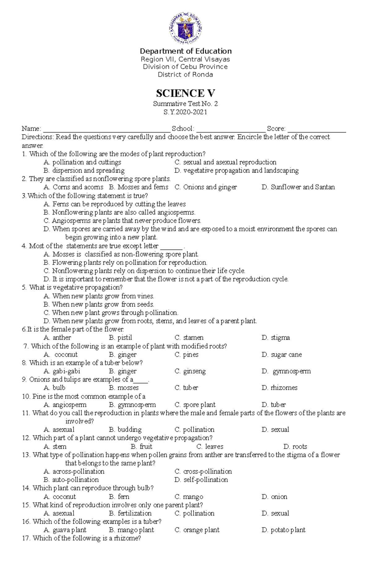 Science-5-2nd-Summative-Test-Q2-Plant-Reproduction-and-Ecosystems - Studocu