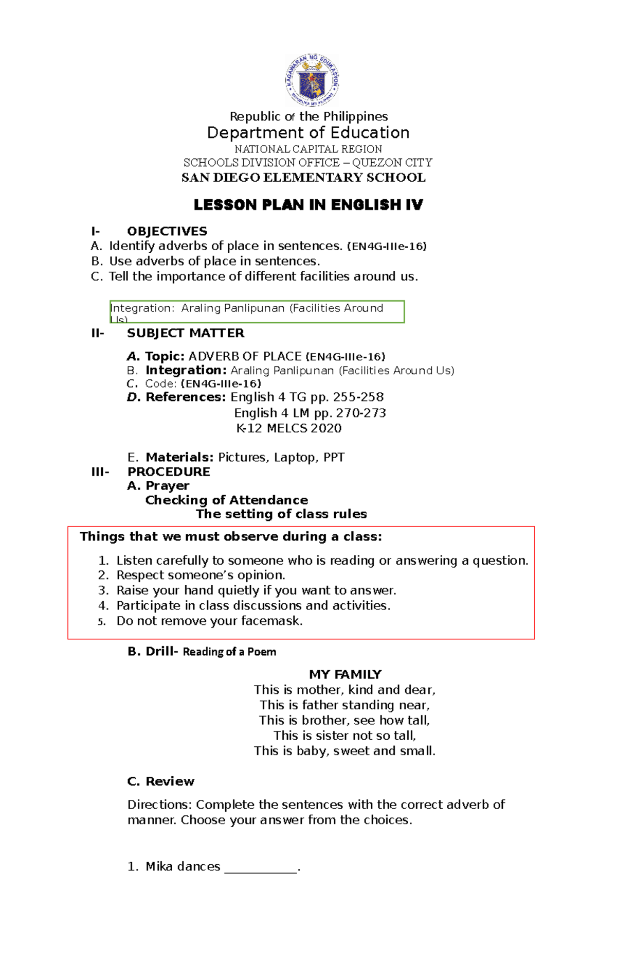 Adverb of place cot - IT IS A LESSPON PLAN - Republic of the ...