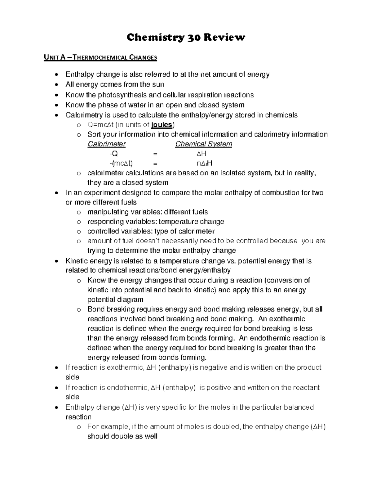 Chem 30 Final Exam Review: Thermochemical Changes & Equilibrium - Studocu