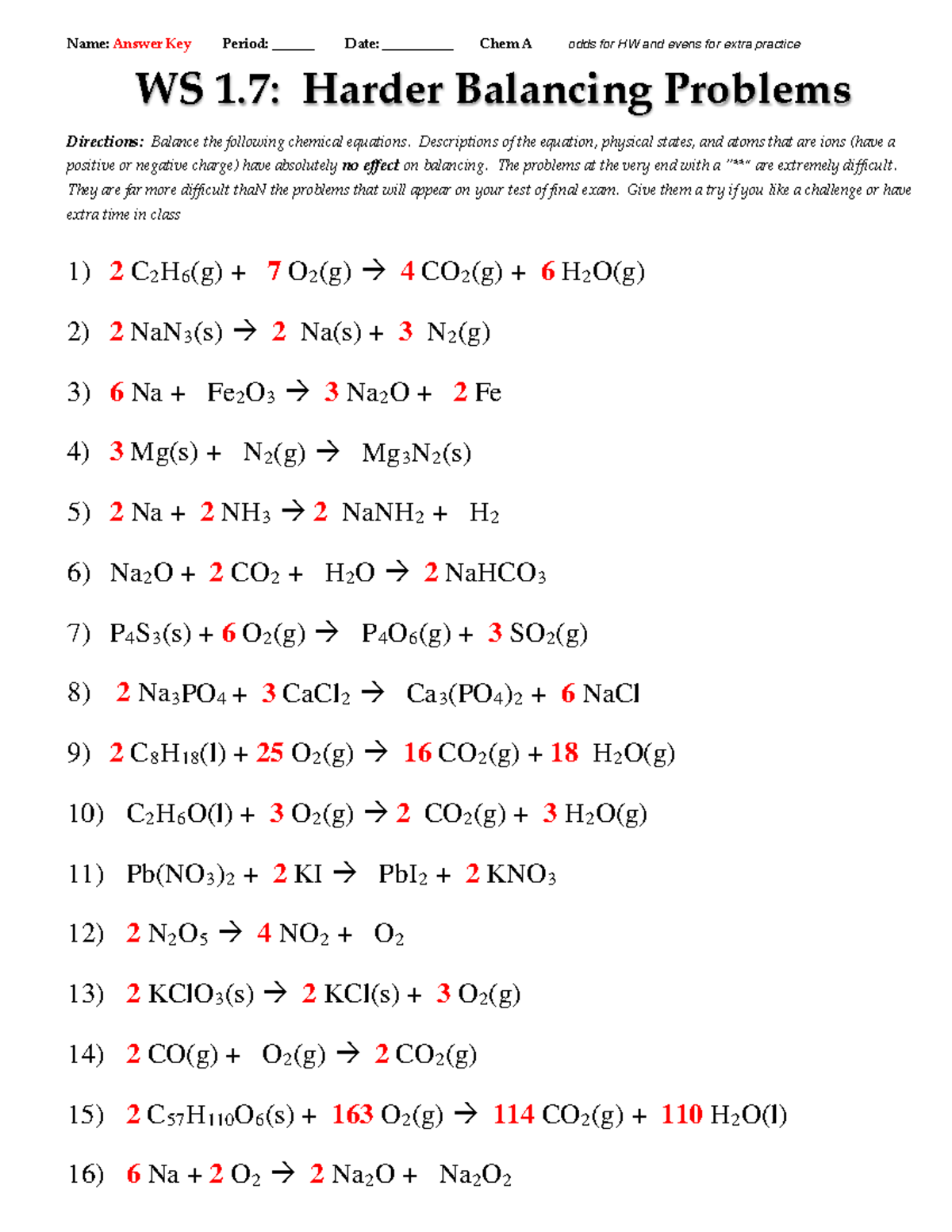UNIT 1 - Assignment 7 - Harder Balancing Problems - Answer Key - Name ...