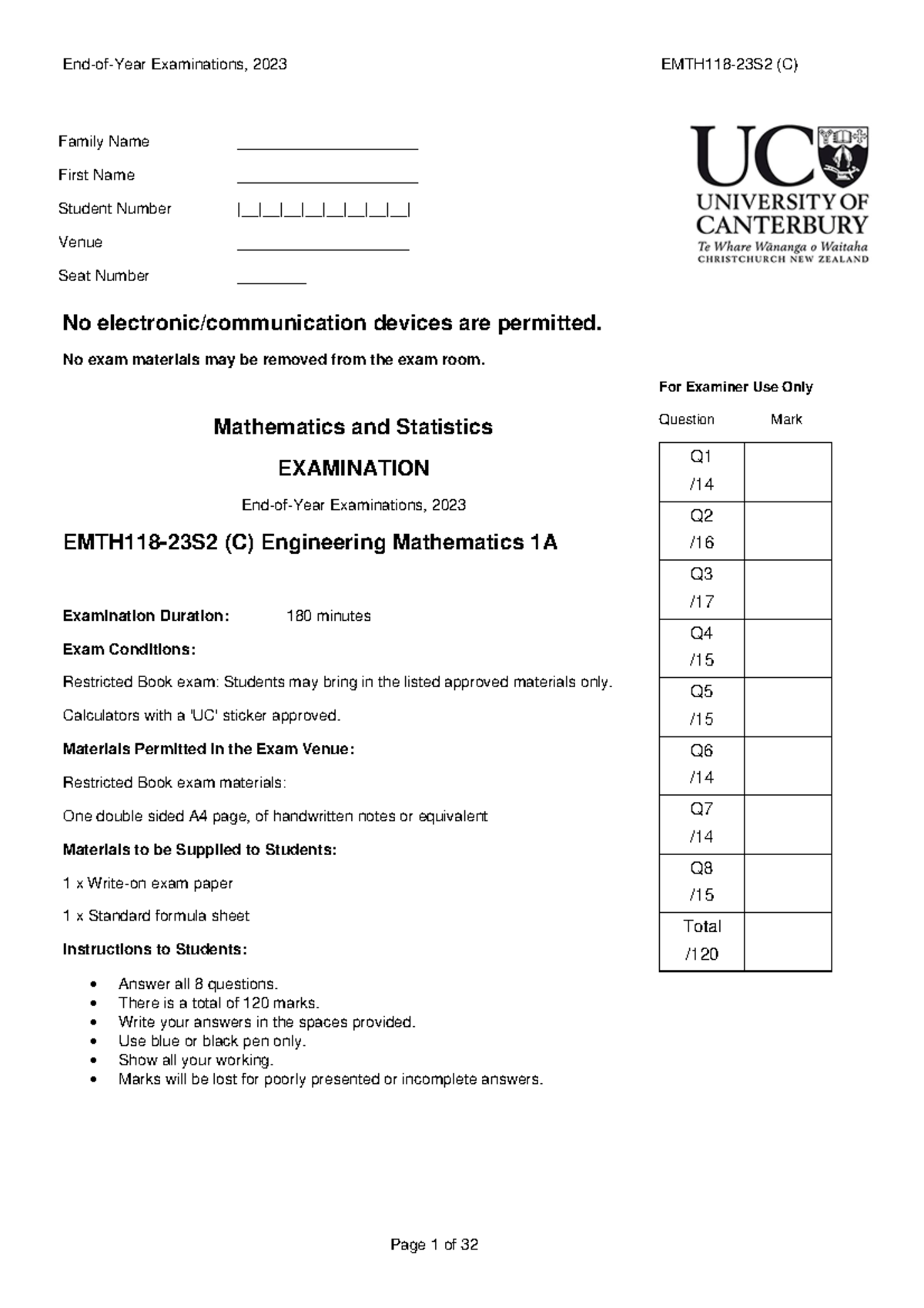 EMTH118-23S2 Engineering Mathematics 1A End-of-Year Exam Questions ...