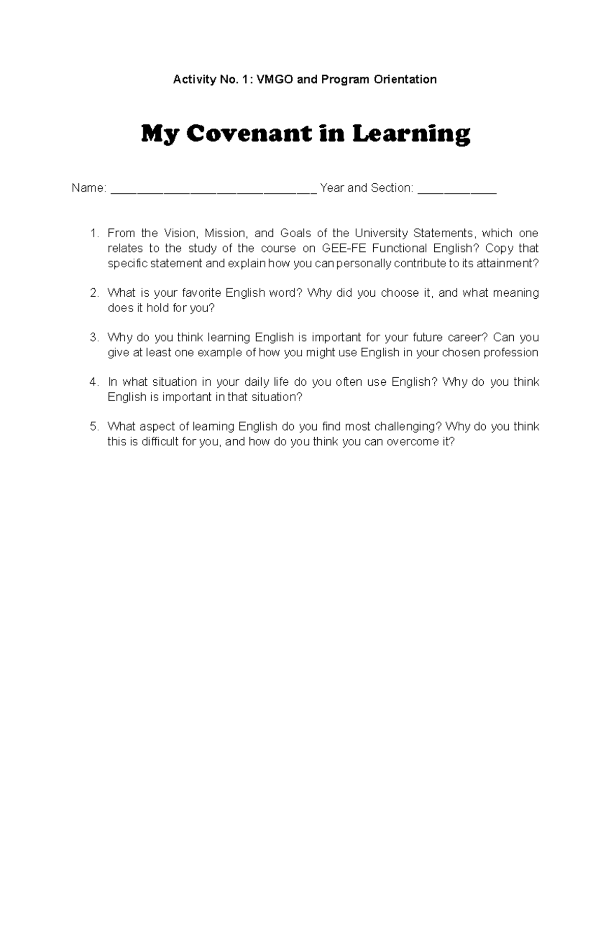 Activity No. 1: VMGO & Program Orientation - My Responses - Studocu