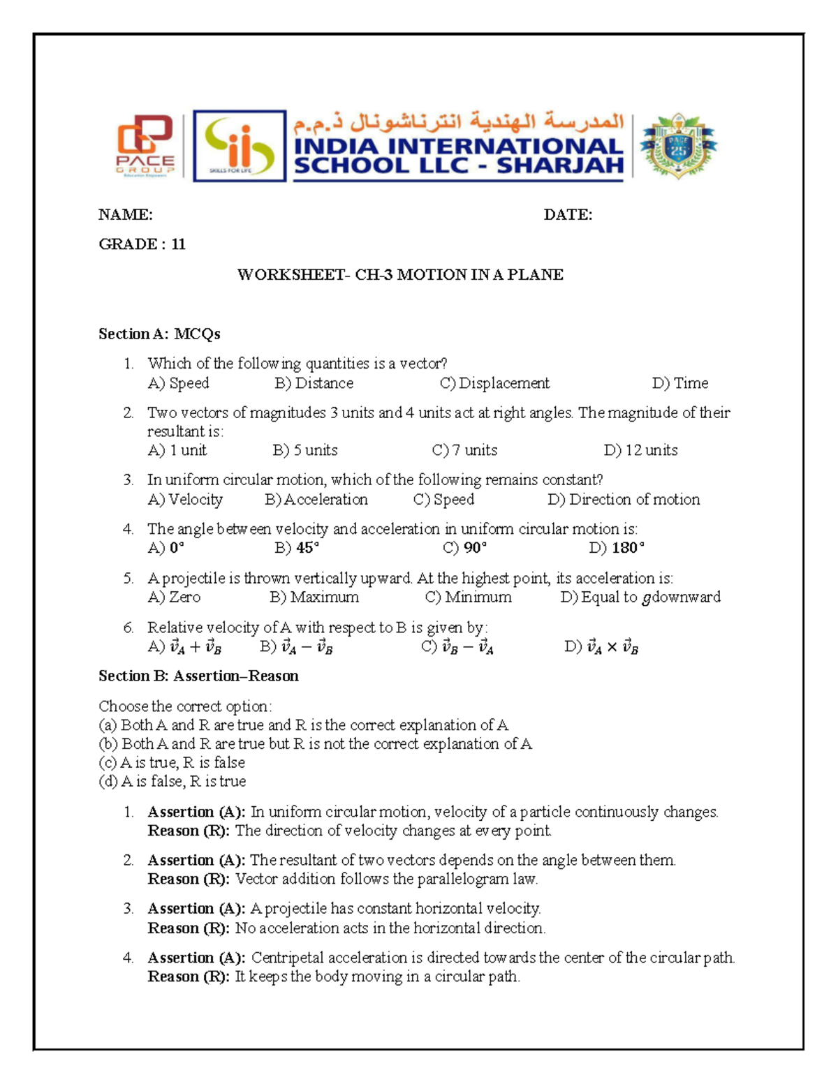 Motion in a Plane - Worksheet (Grade 11) - Studocu