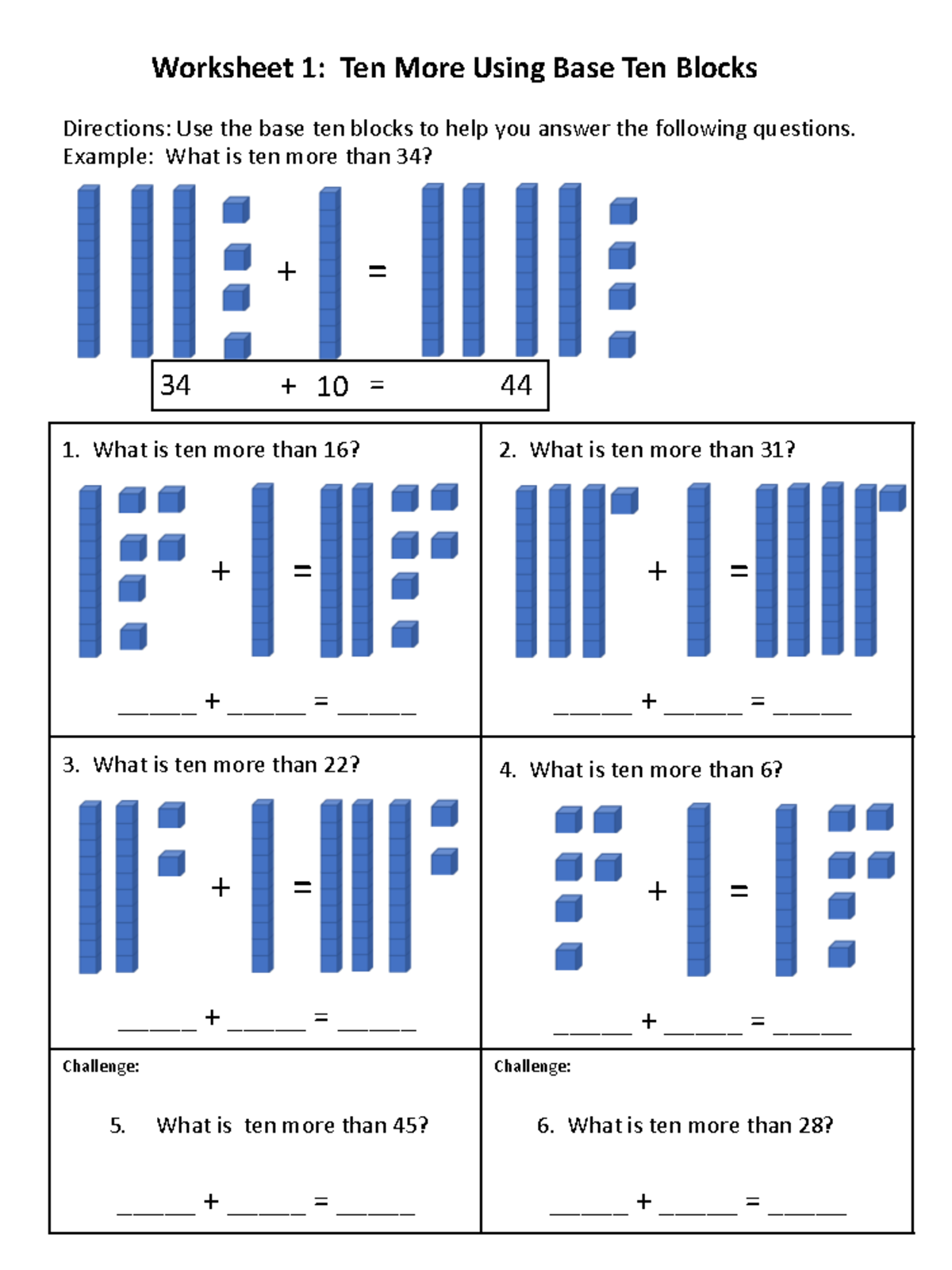 Copy of 10 More and 10 Less worksheets - Worksheet 1: Ten More Using ...