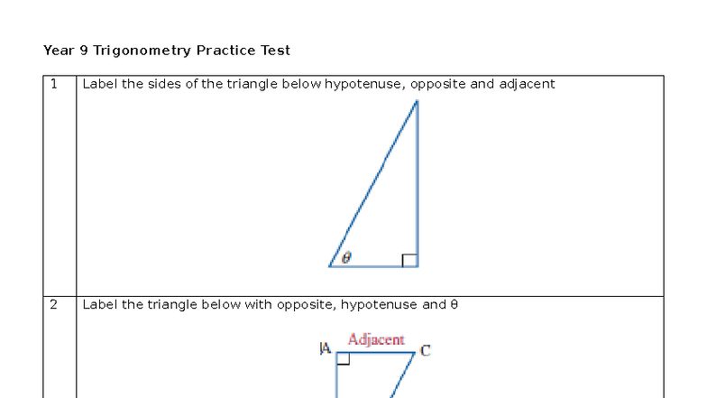 Year 9 Trigonometry Practice Test: Sine, Cosine, and Tangent Ratios ...