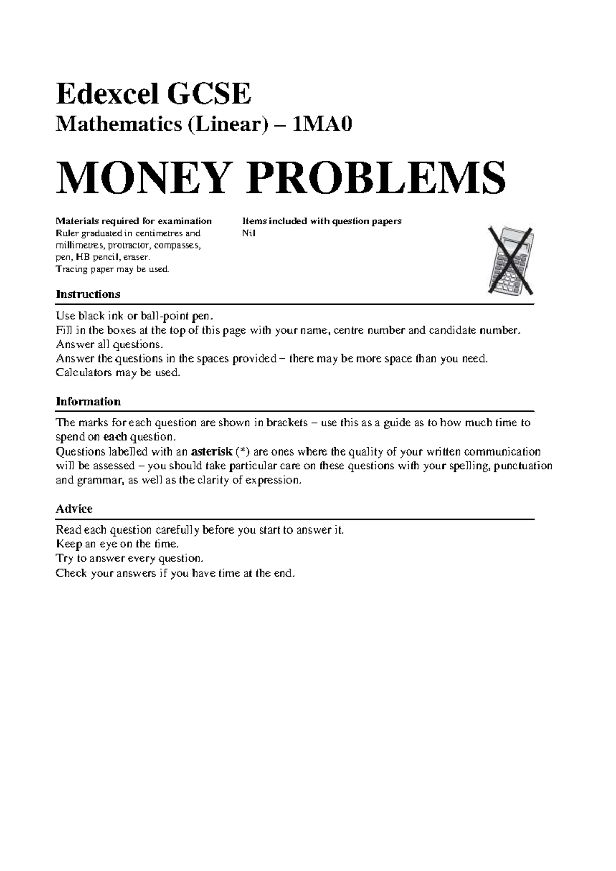 Edexcel GCSE Maths 1MA0: Money Problems Exam Practice Guide - Studocu