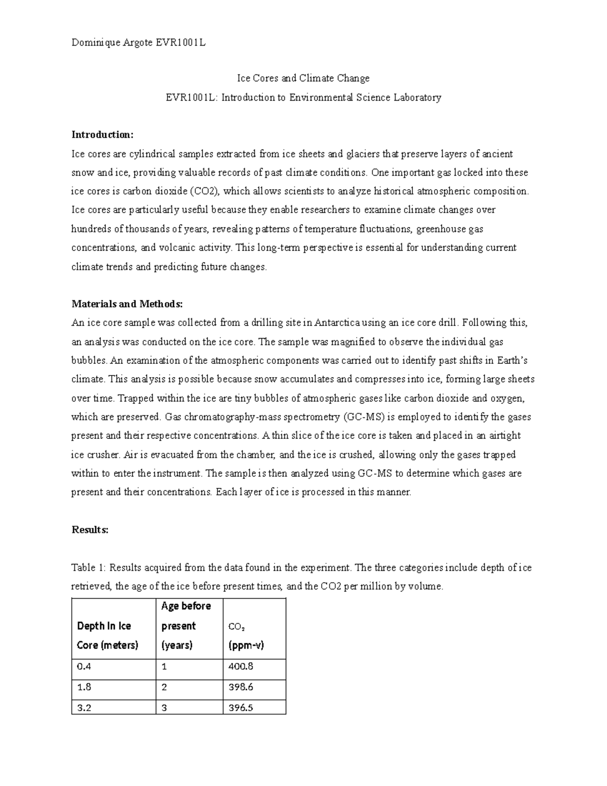 EVR1001L: Lab Report 3 - Analyzing Ice Cores for Climate Change ...