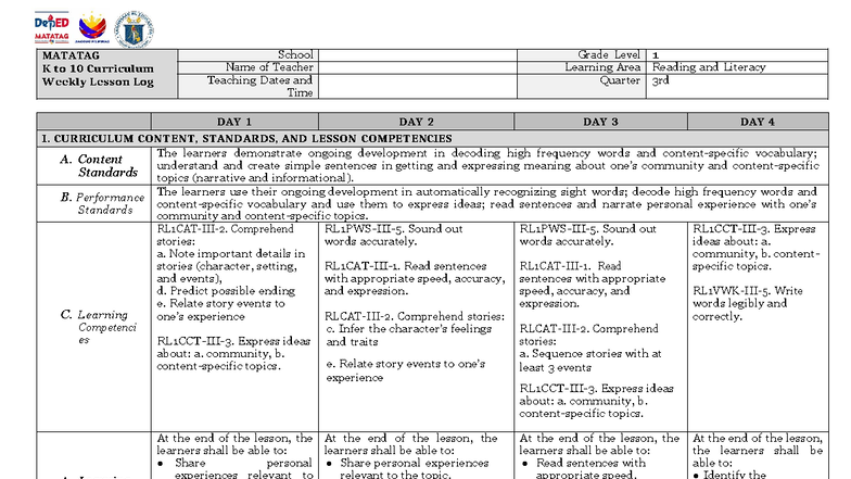 Q3 Week 7 Lesson Log: Reading & Literacy for Grade 1 - Studocu