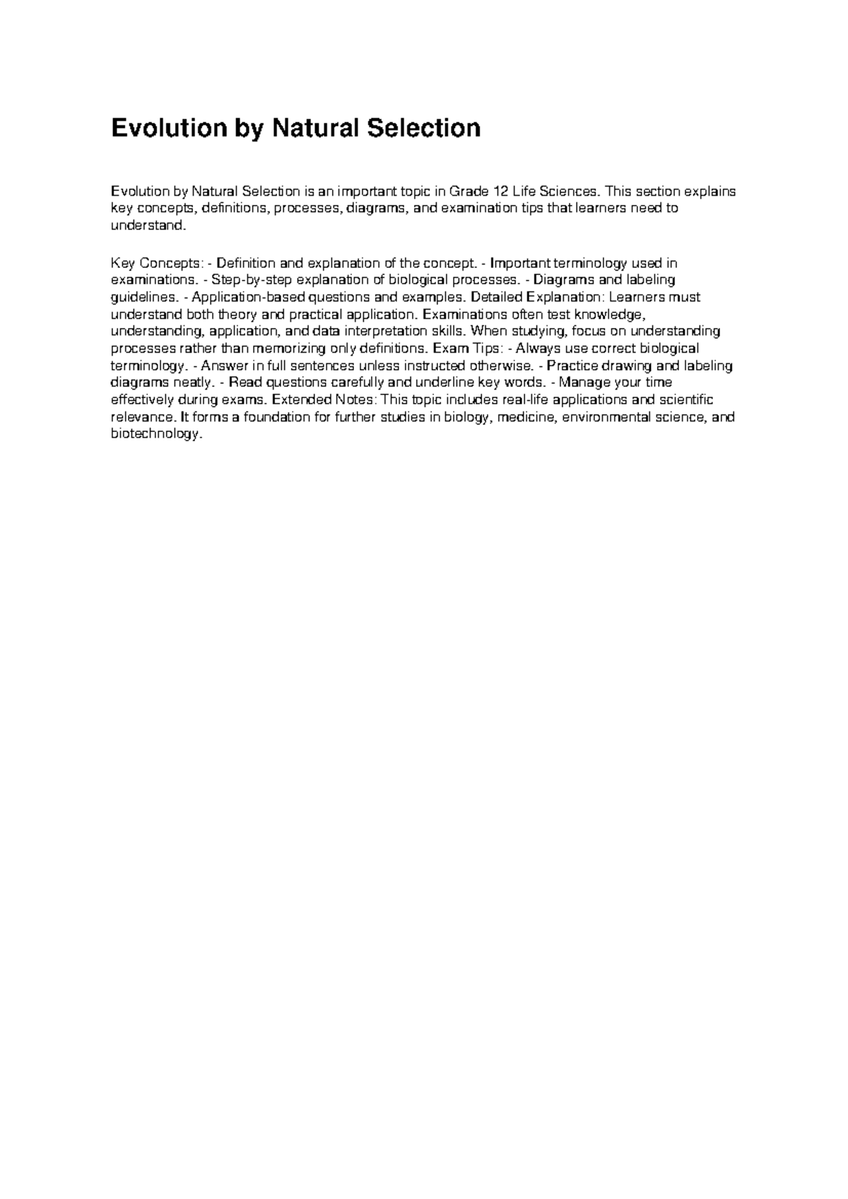 Grade 12 Life Sciences: Evolution by Natural Selection Study Guide ...