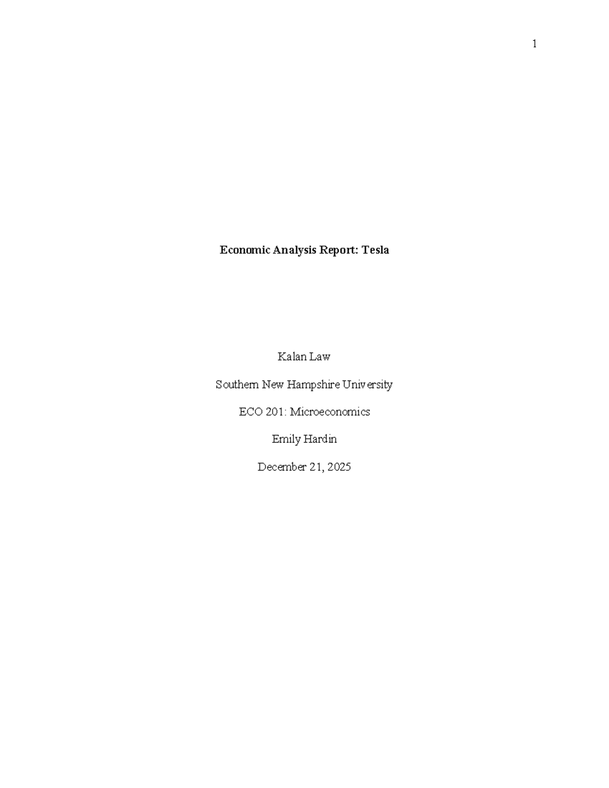 ECO 201 Economic Analysis Report: Tesla's Market Dynamics and ...