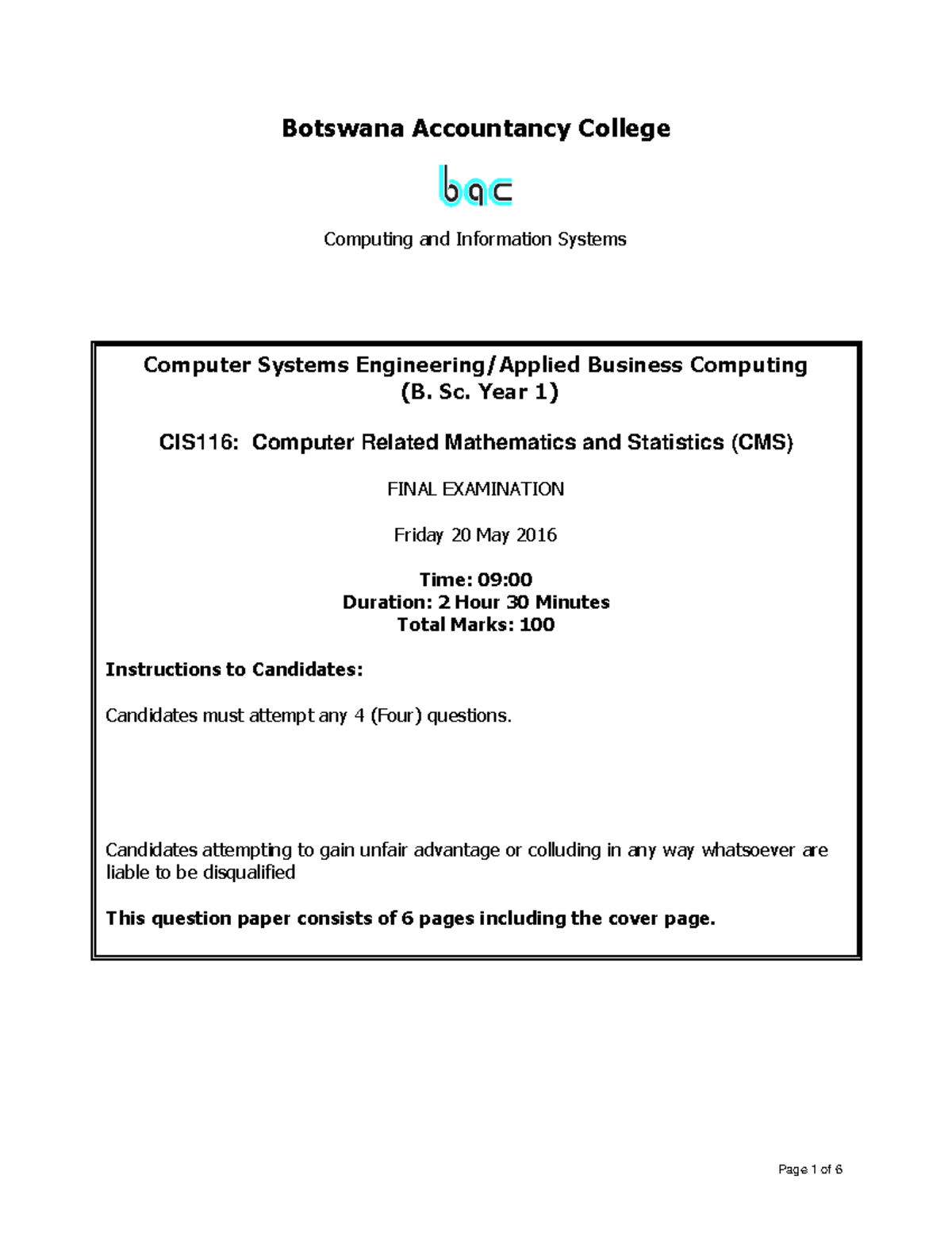 2016 CMS116 Final Exam - Computer Related Mathematics & Stats - Studocu