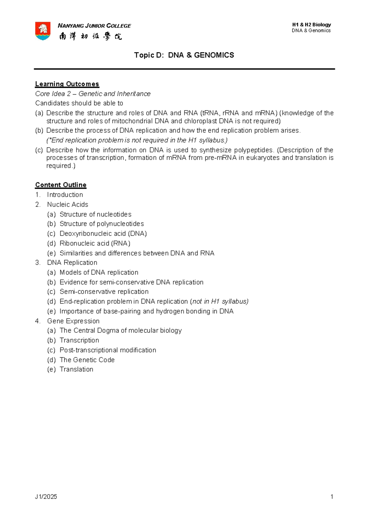 NANYANG JUNIOR COLLEGE H1 & H2 Biology: DNA & Genomics Study Notes for ...
