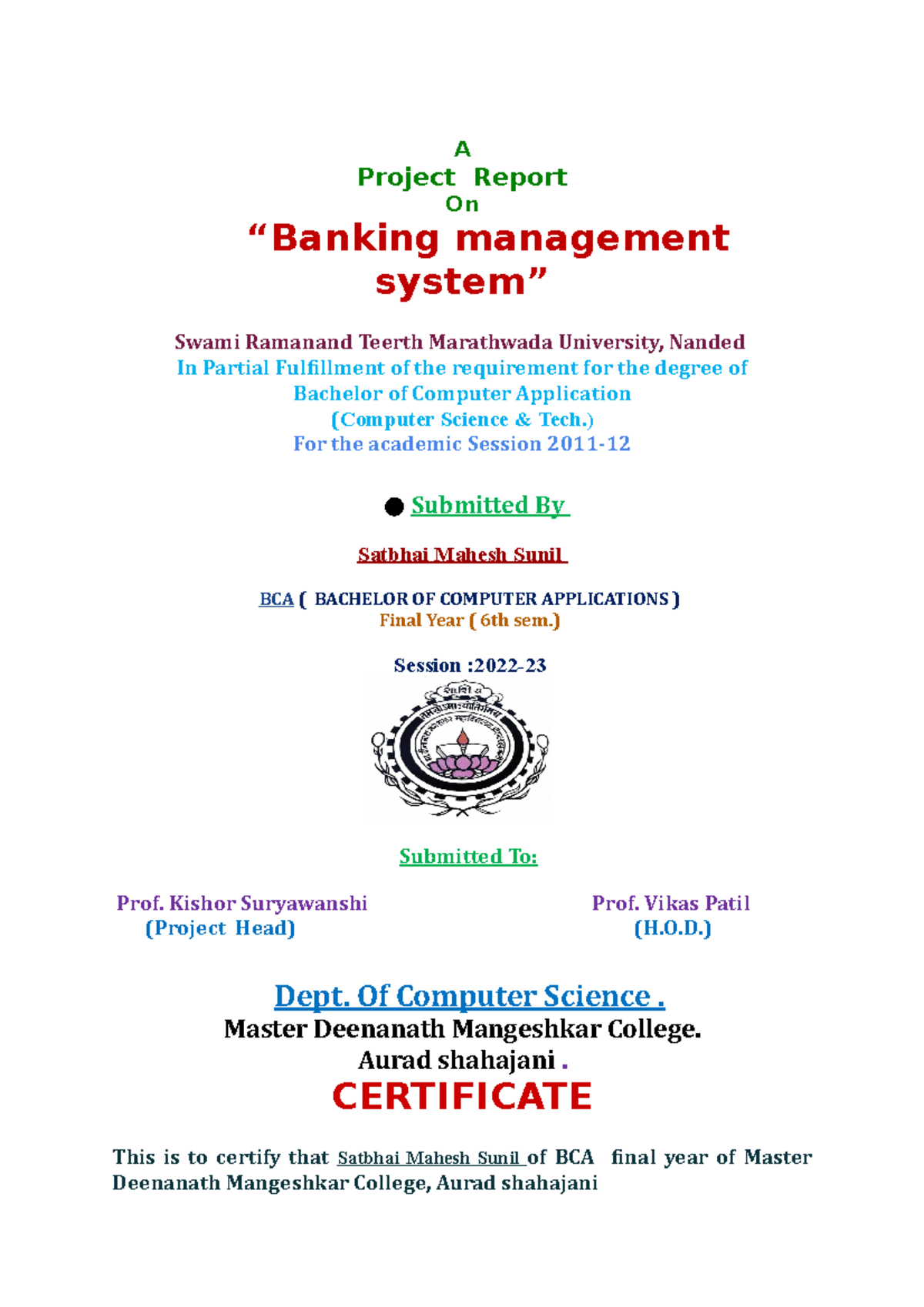 Bank Management System - A Project Report On “Banking management system ...