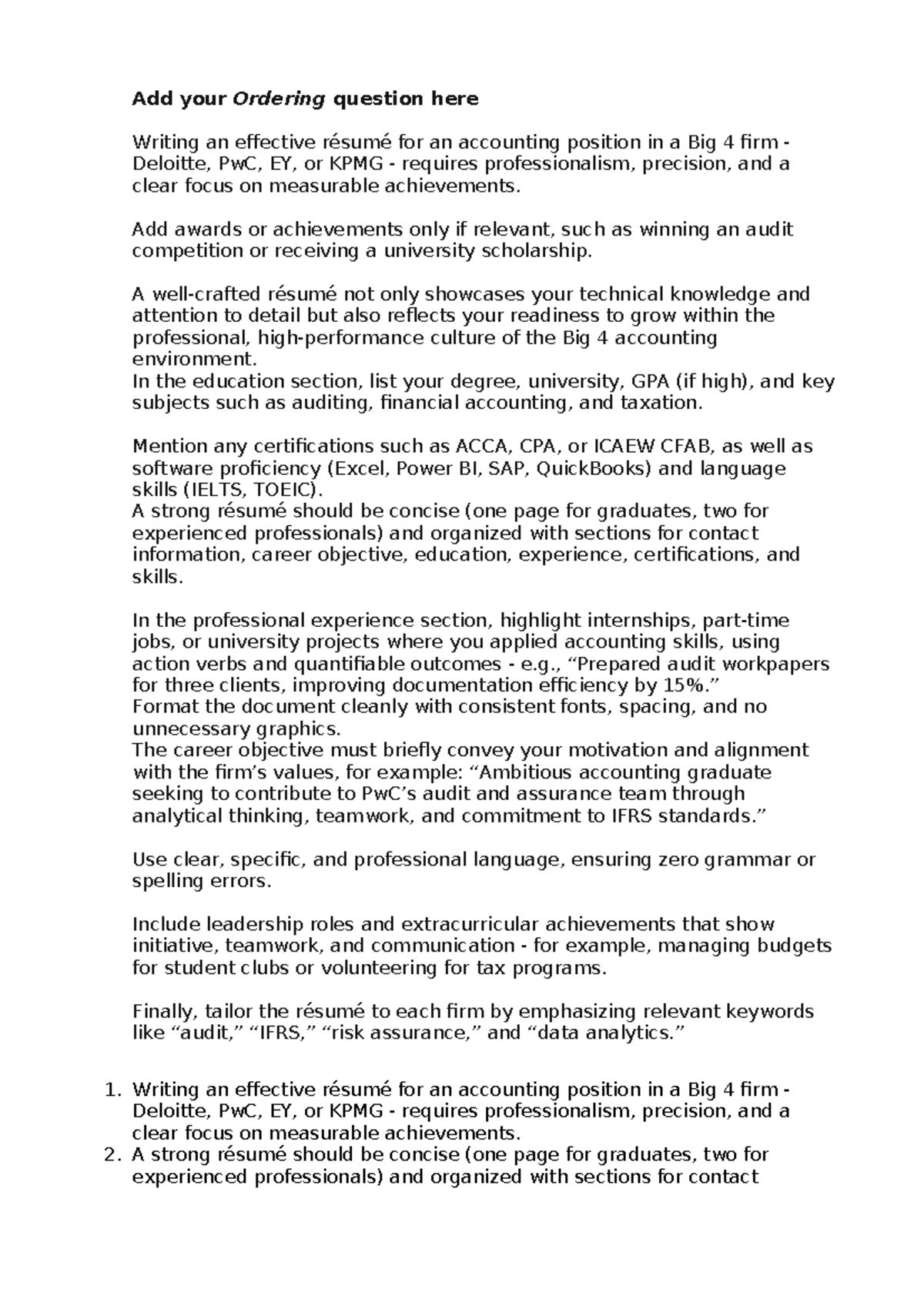 Effective Résumé Writing for Big 4 Accounting Firms (Deloitte, PwC, EY ...