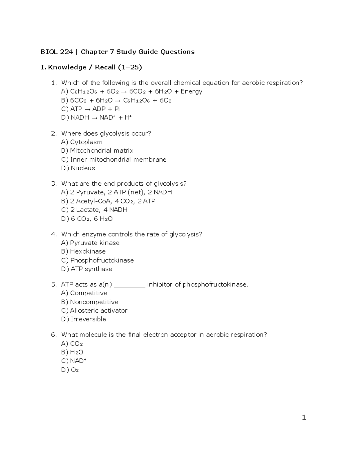 BIOL 224 Cellular Respiration Study Guide: Questions & Answers - Studocu