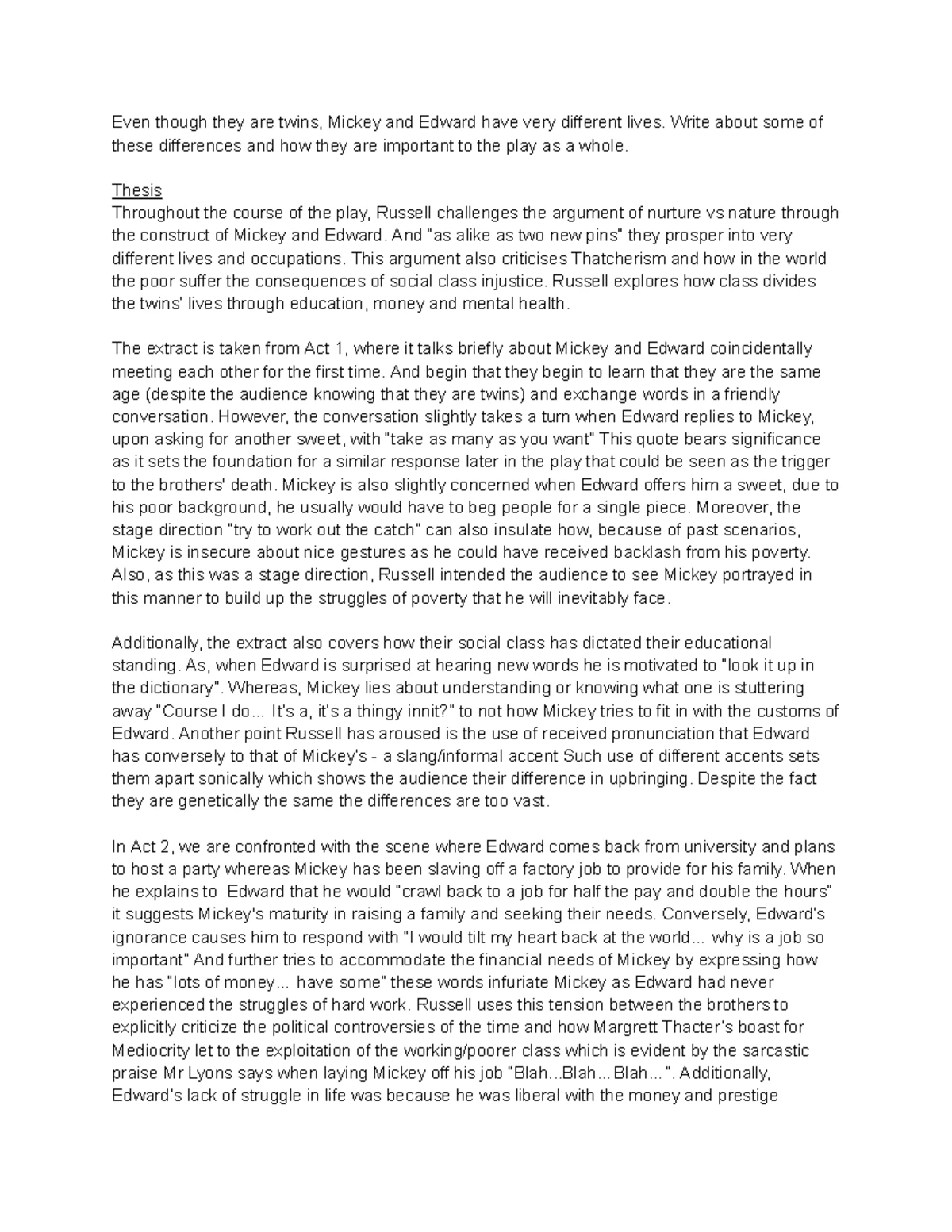 Blood Brothers Essay Notes - Grade 9 Analysis of Mickey & Edward - Studocu