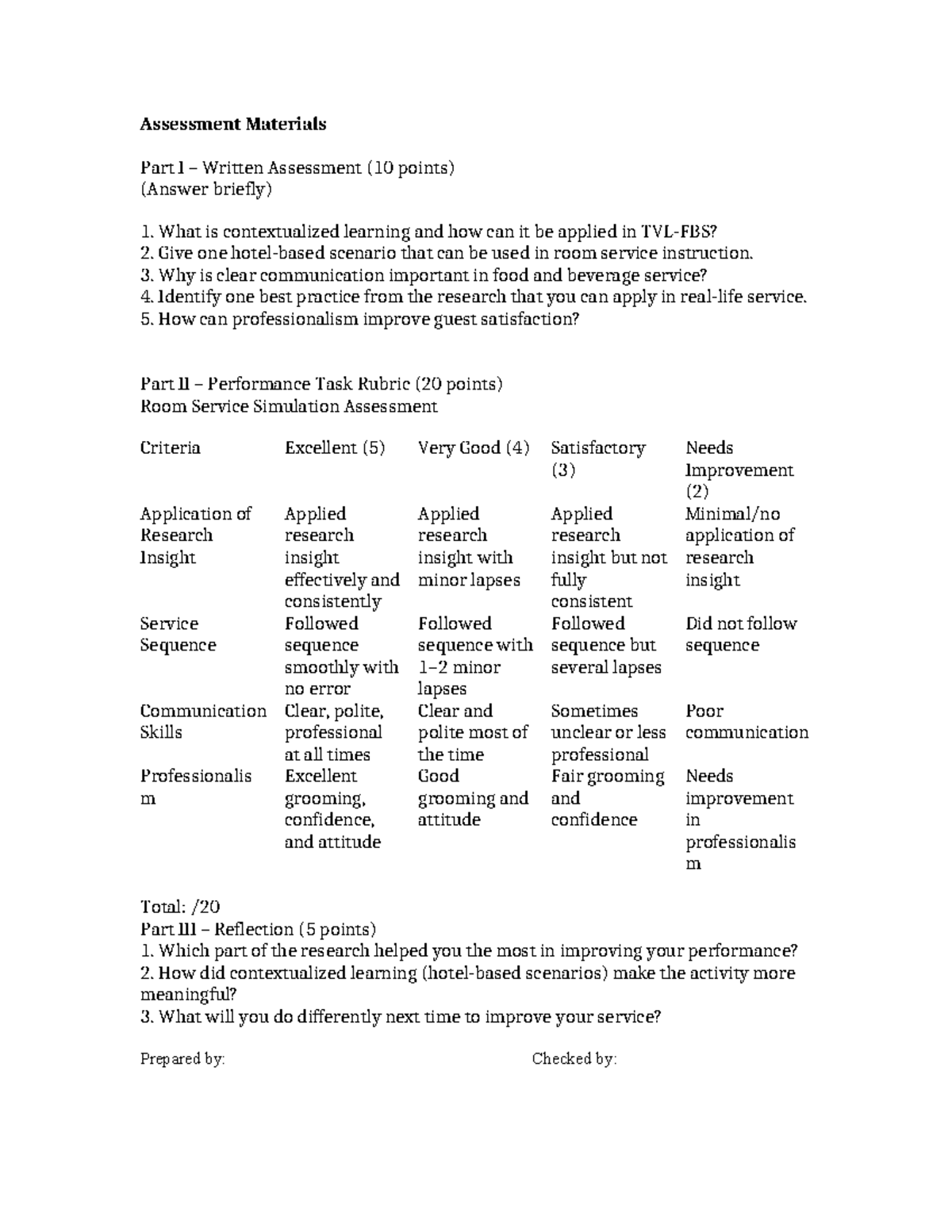 Assessment Materials TVL FBS: Written Assessment & Performance Task ...