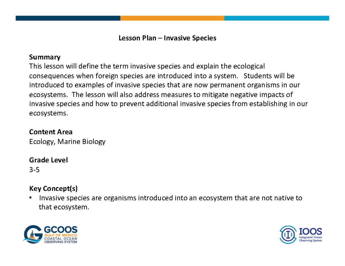 Invasive Species-Grades 3-5 - ####### Lesson Plan – Invasive Species ...