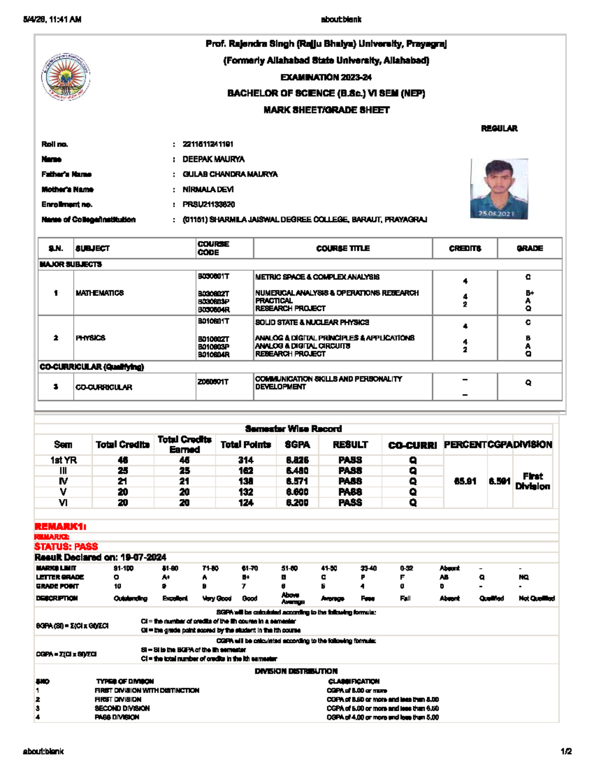 B.Sc. VI Sem Exam Mark Sheet & Important Notes for Deepak - Studocu