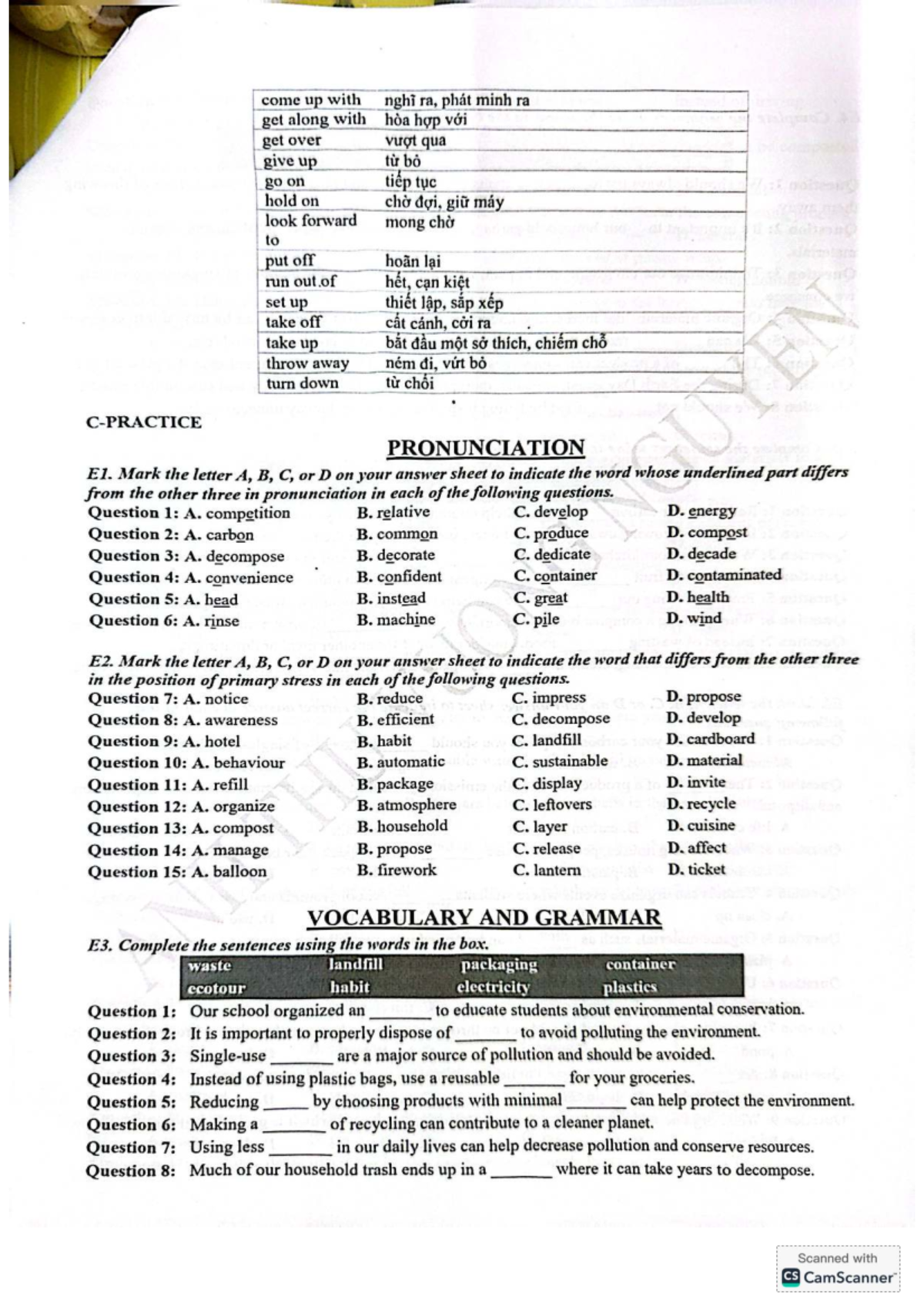 Vocabulary and Pronunciation Practice for E1-E10: Environmental ...